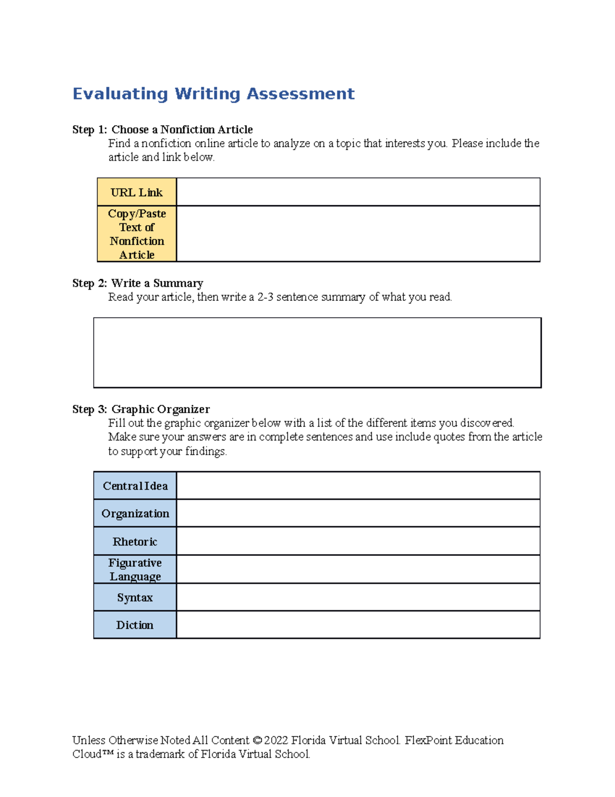 Evaluating writing assess rubric - Evaluating Writing Assessment Step 1 ...