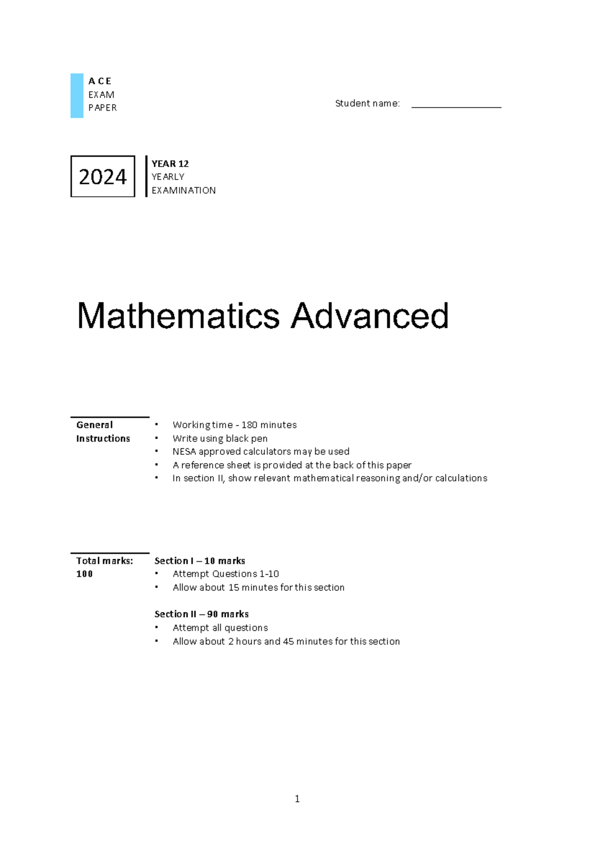 2024 ACE Year 12 Mathematics Advanced Exam Paper - Studocu