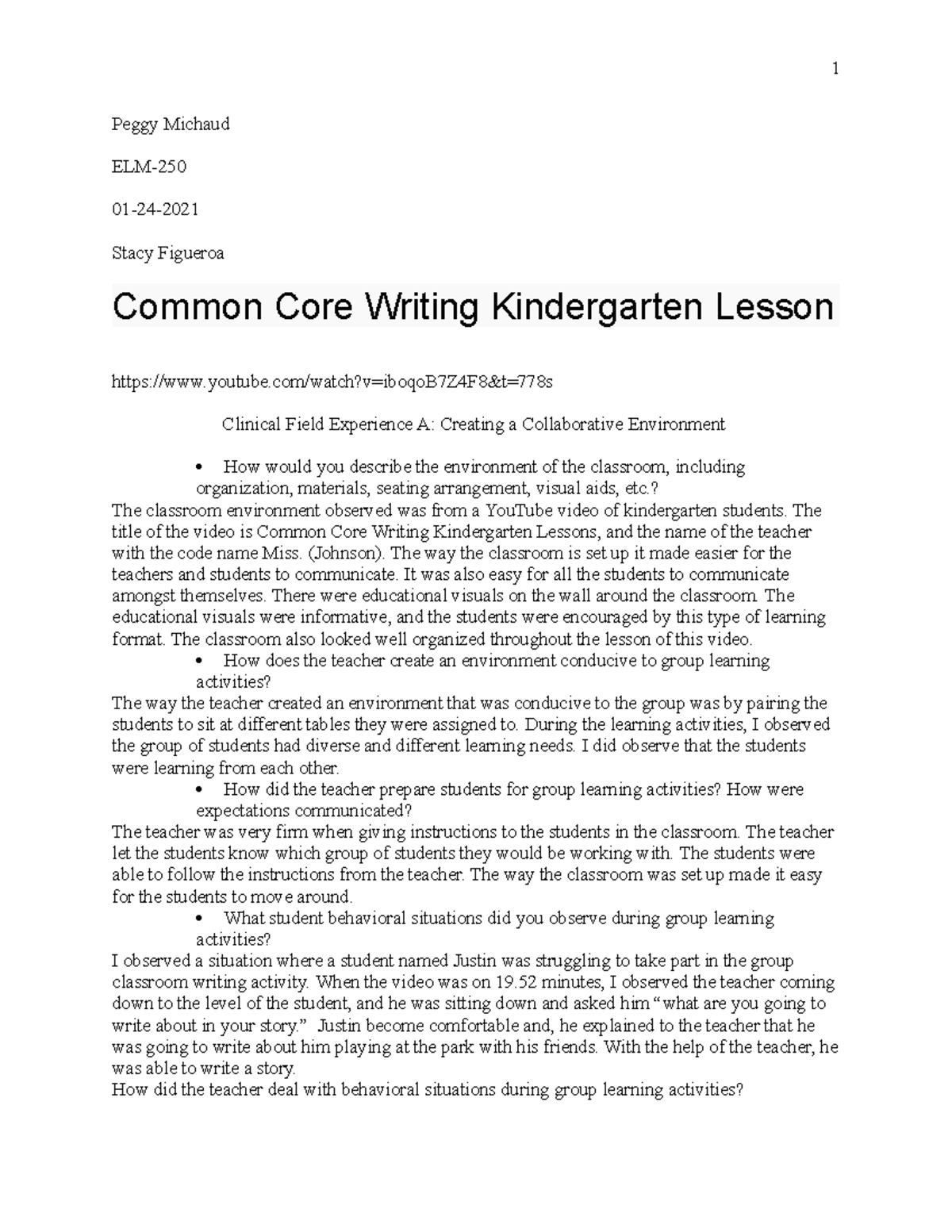 ELM-250 Clinical Field Experience A Creating a Collaborative ...