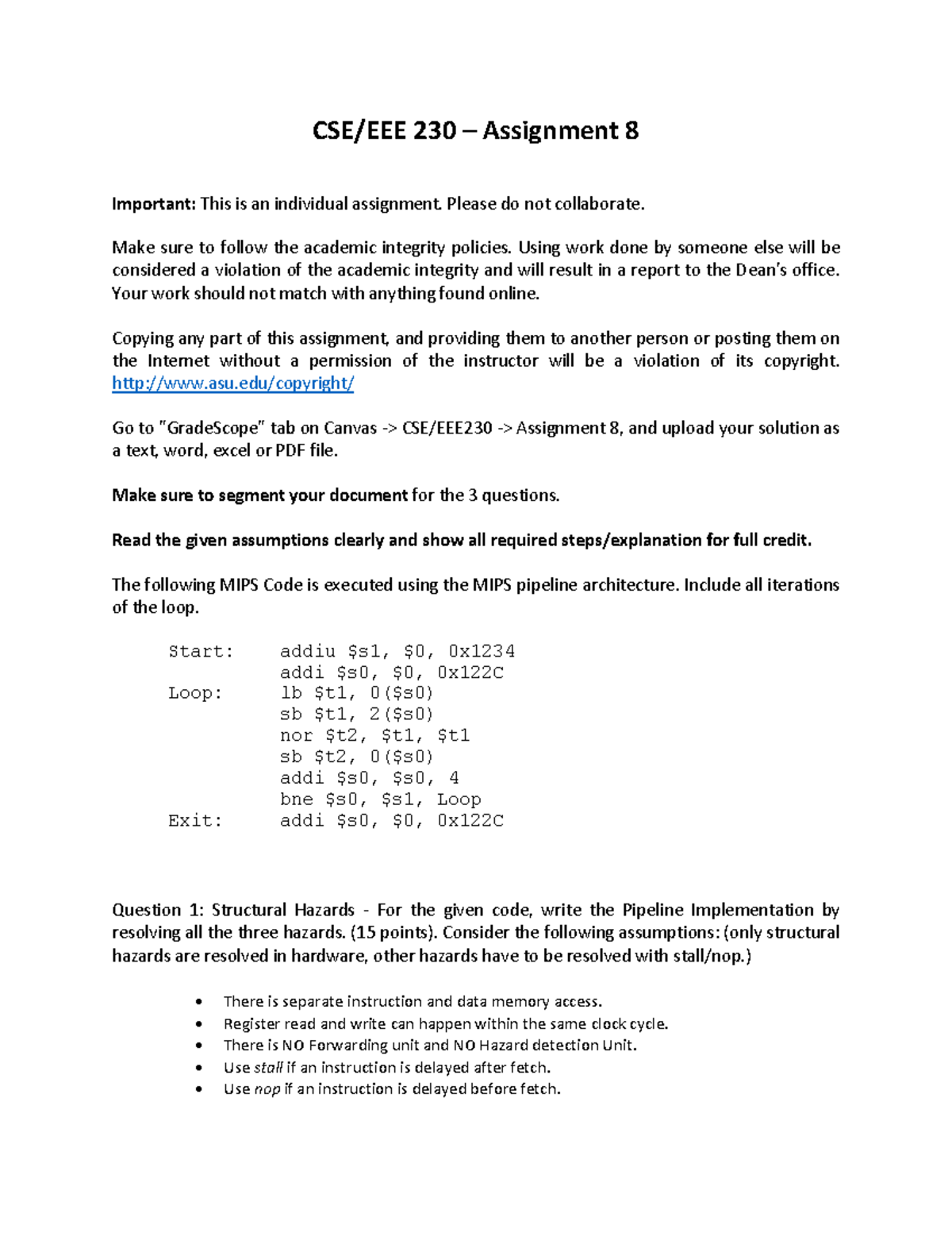 CSE/EEE 230 - Assignment 8: MIPS Pipeline Hazard Solutions - Studocu