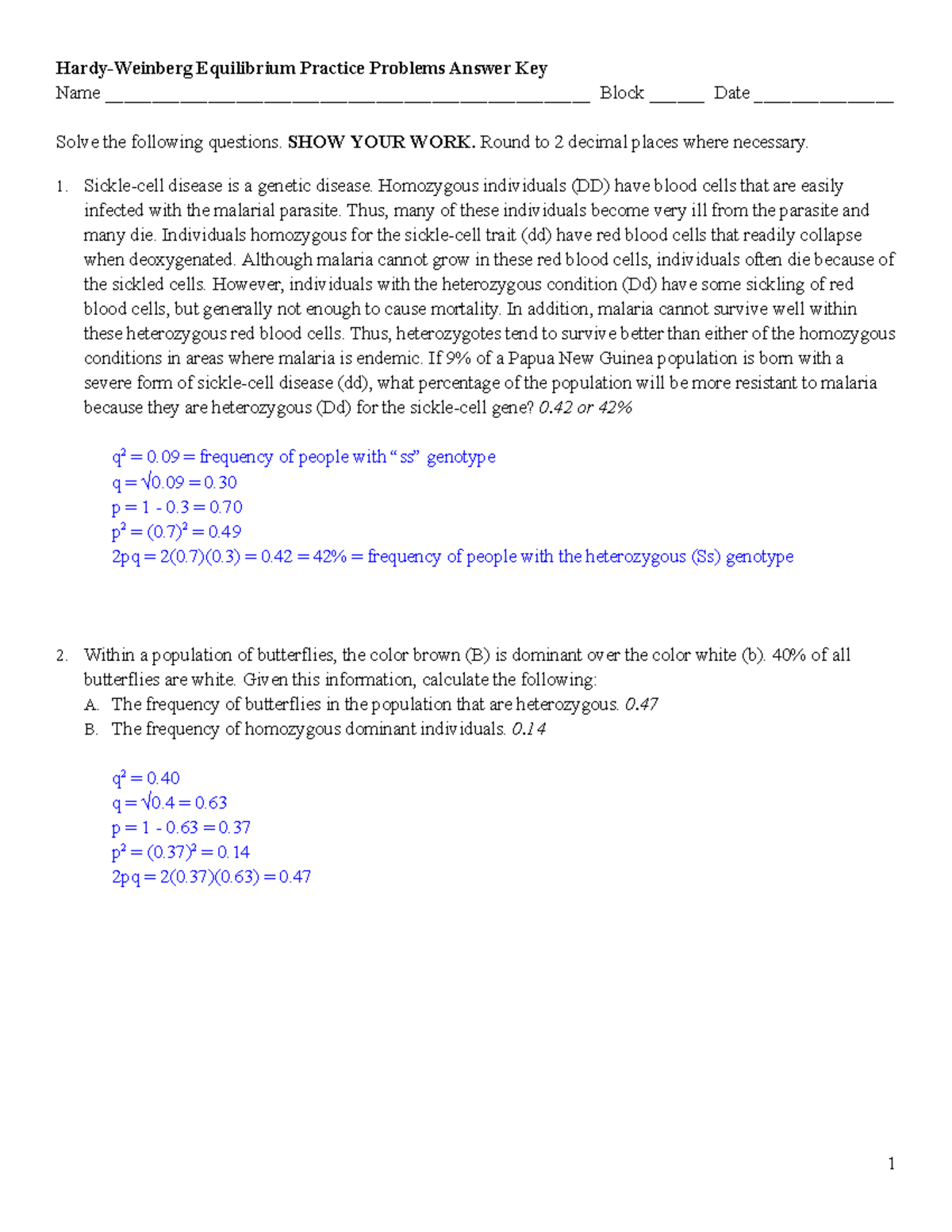 Hardy-Weinberg Equilibrium Practice Problems: Answer Key & Solutions ...