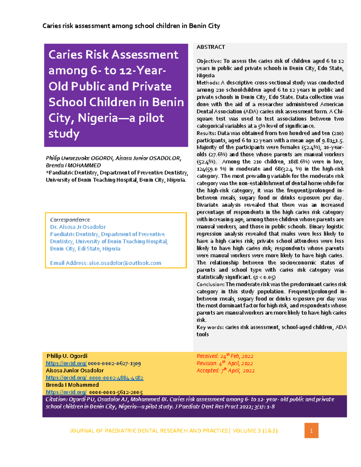 Caries Risk Assessment in School Children Aged 6-12 in Benin City - Studocu