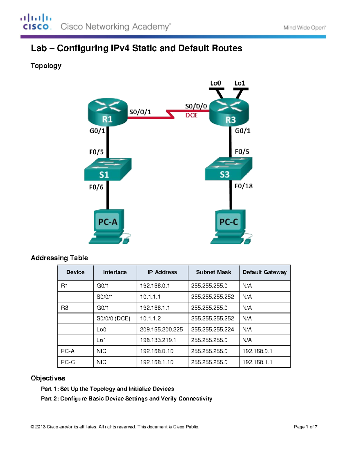 6225 Lab Configuring Ipv4 Static And Default Routes Topology Addressing Table Device