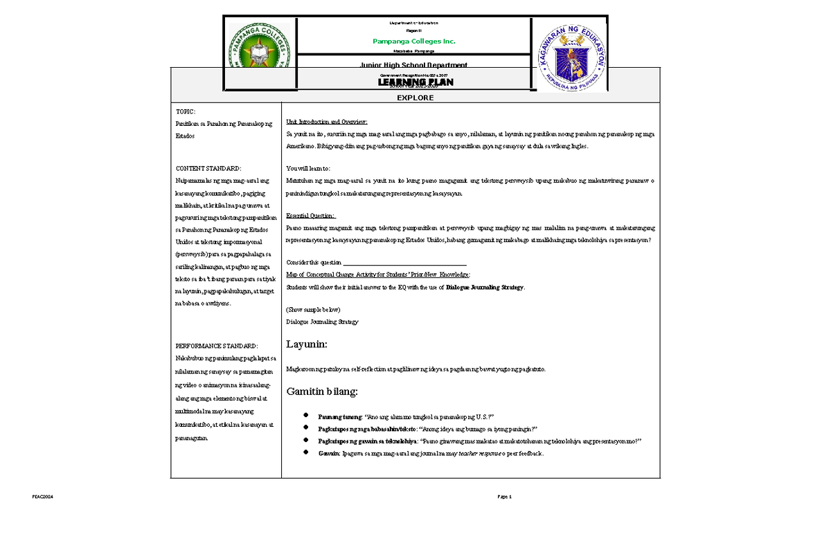 PEAC2024 Learning Plan: Panitikan sa Panahon ng Pananakop ng Estados ...