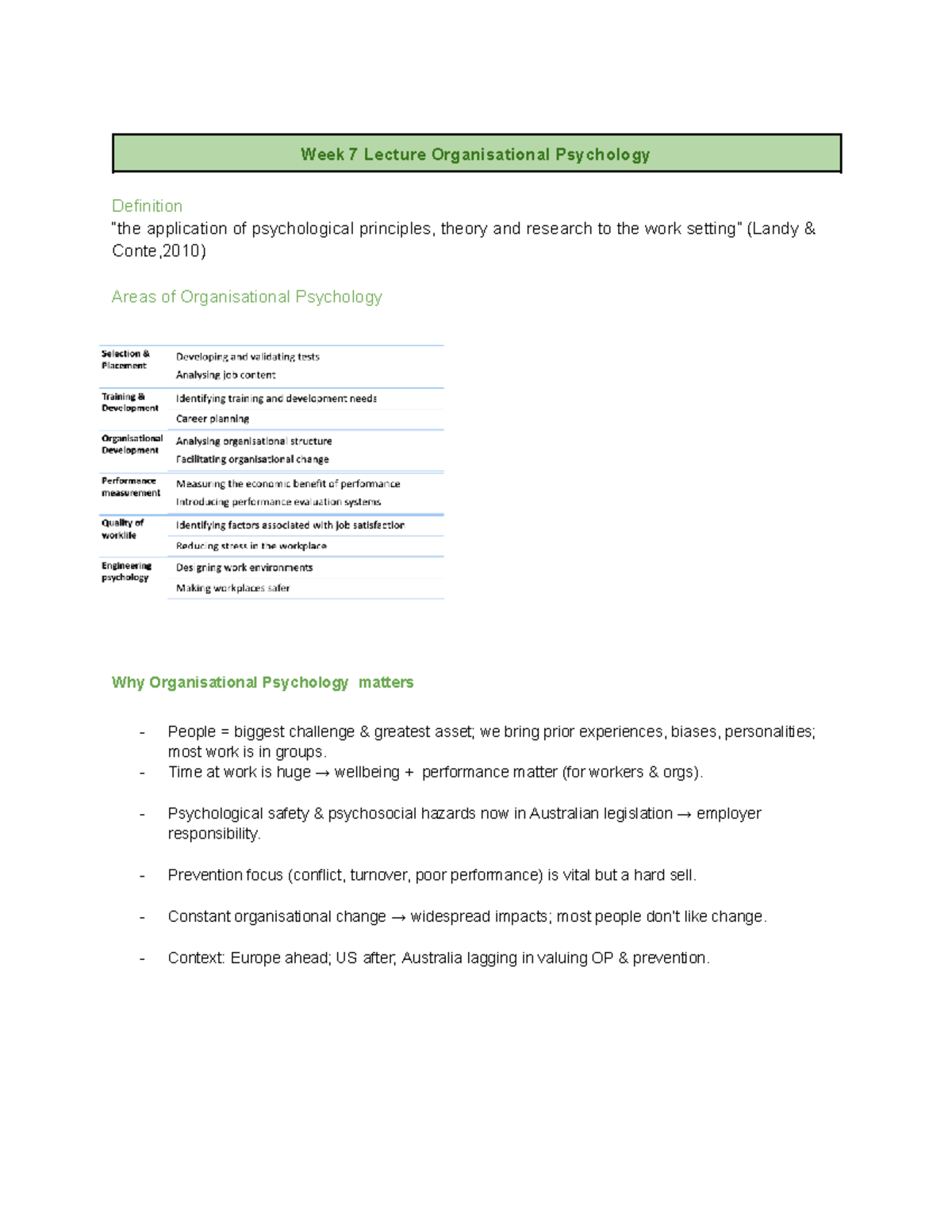 Organisational Psychology Week 7 Lecture Notes: Key Concepts and ...