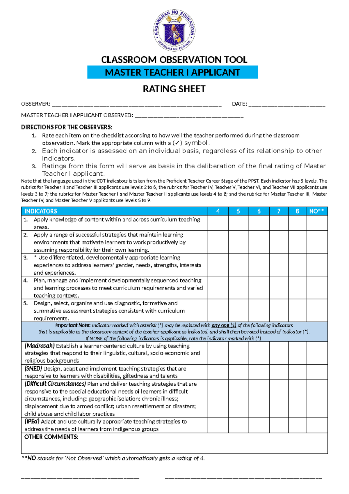 COT-R Rating Sheet for Master Teacher I Applicants - Studocu