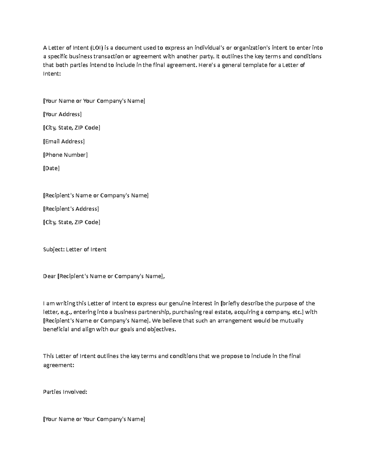 Letter of Intent Template for Business Agreements - Studocu