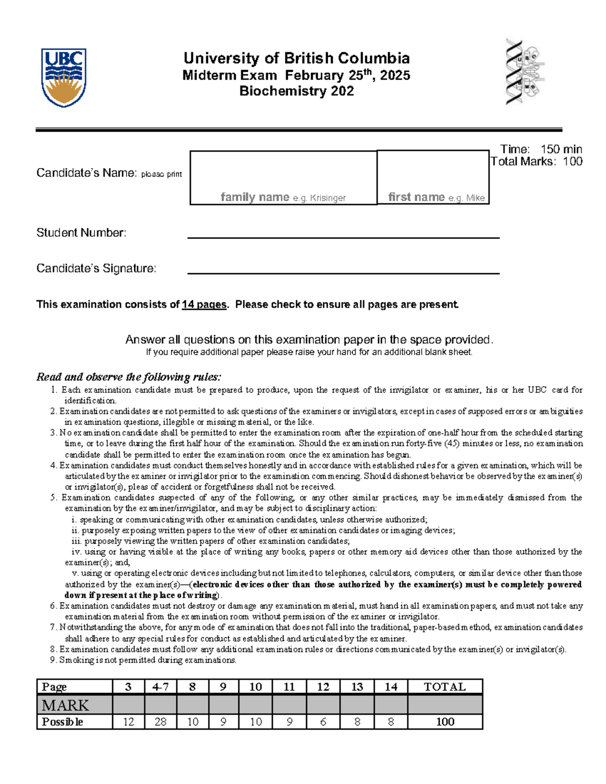 Midterm Exam BIOC 202 - UBC Biochemistry February 25, 2025 - Studocu