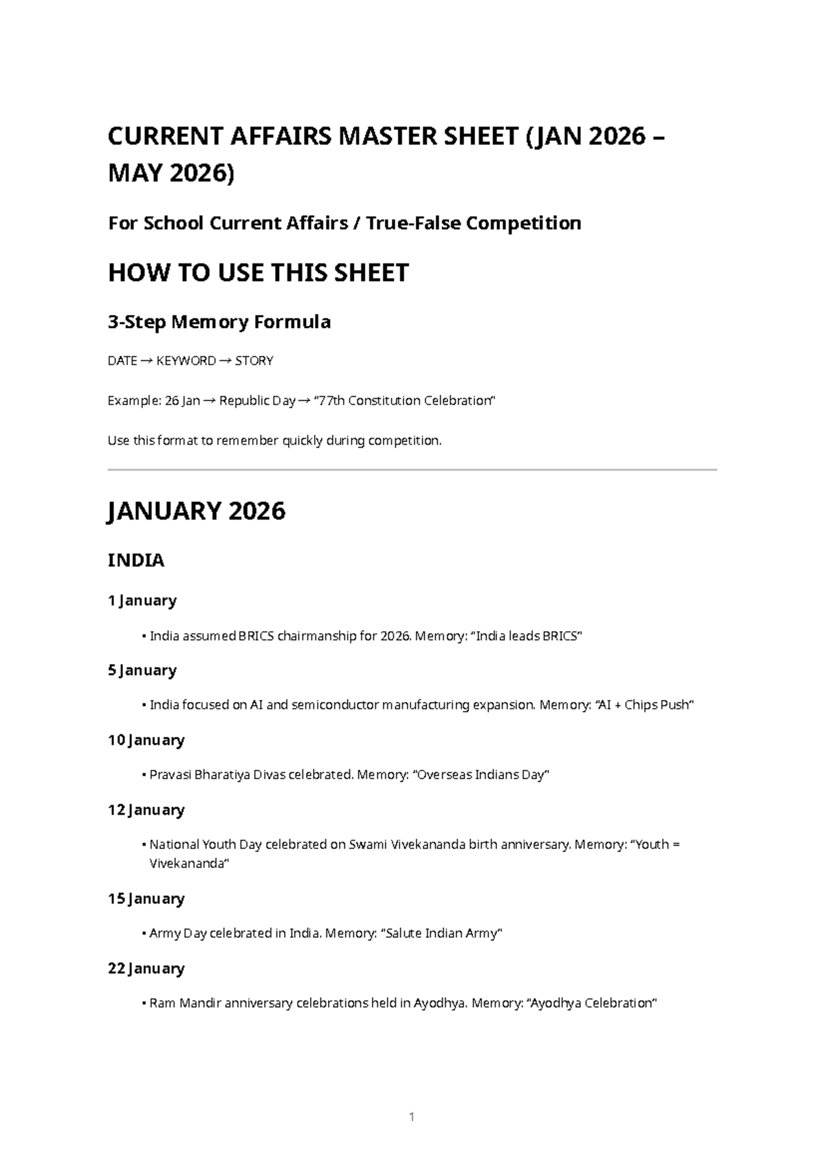 Current Affairs 2026 Master Sheet for School Competition - Studocu