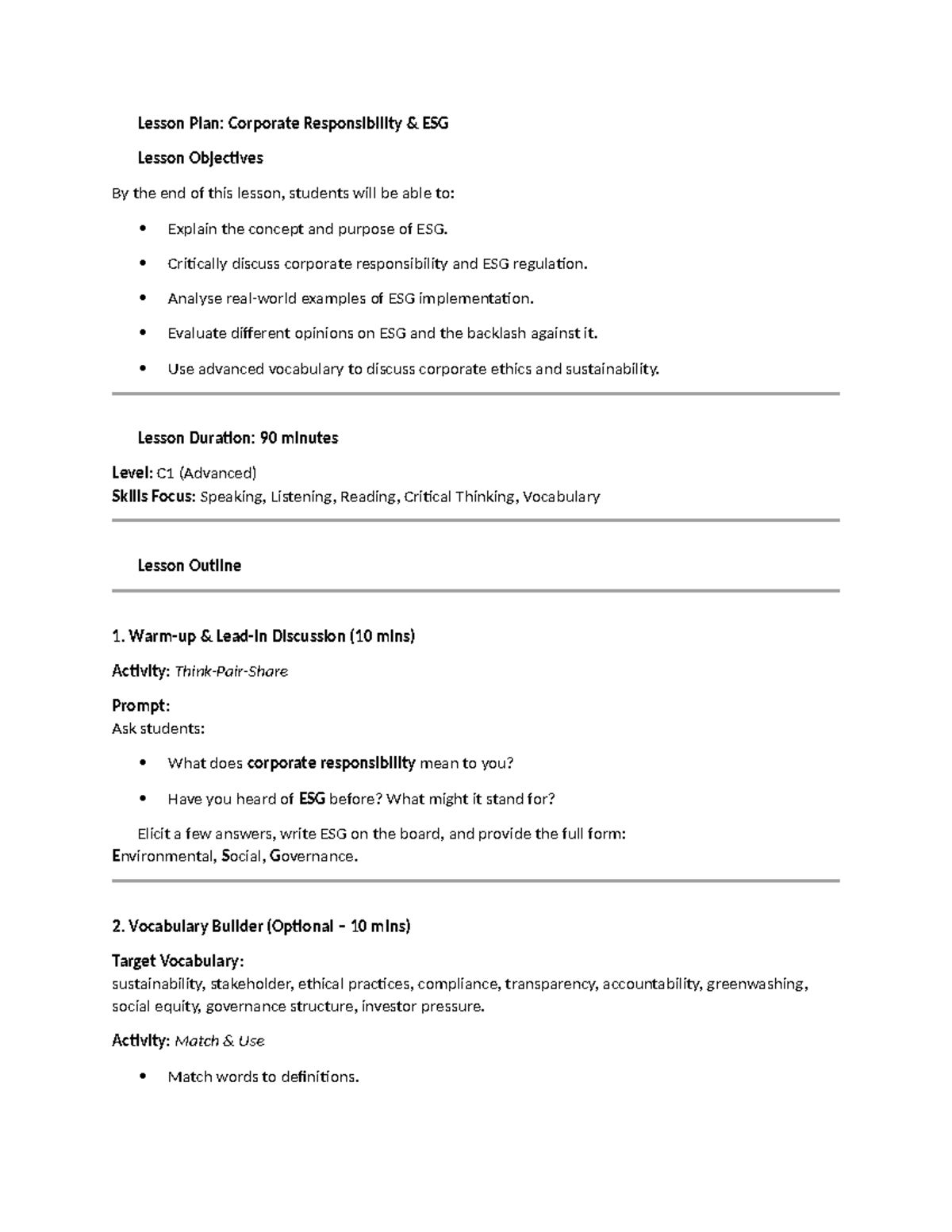 C1 Lesson Plan: Corporate Responsibility & ESG Objectives - Studocu