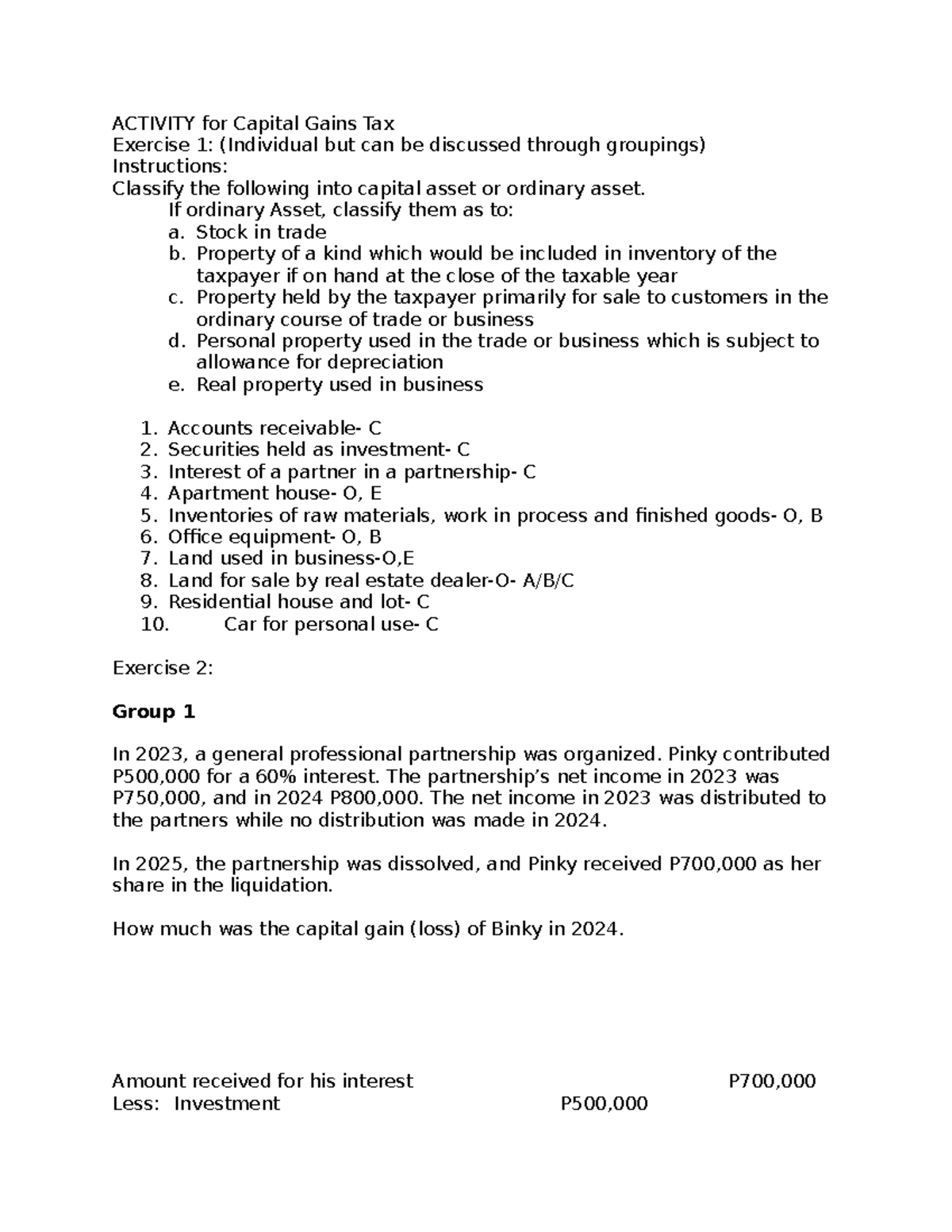 Activity for Capital Gains Tax - ACTIVITY for Capital Gains Tax ...