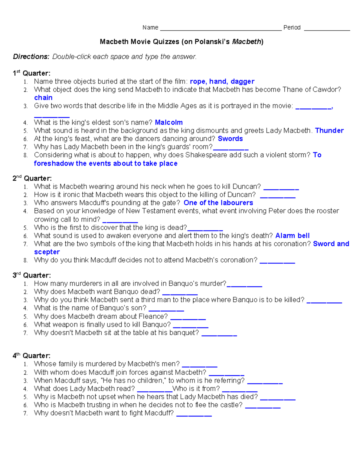 Interpreting Cinema: Polanski's Macbeth Quiz Questions (ENG 101) - Studocu