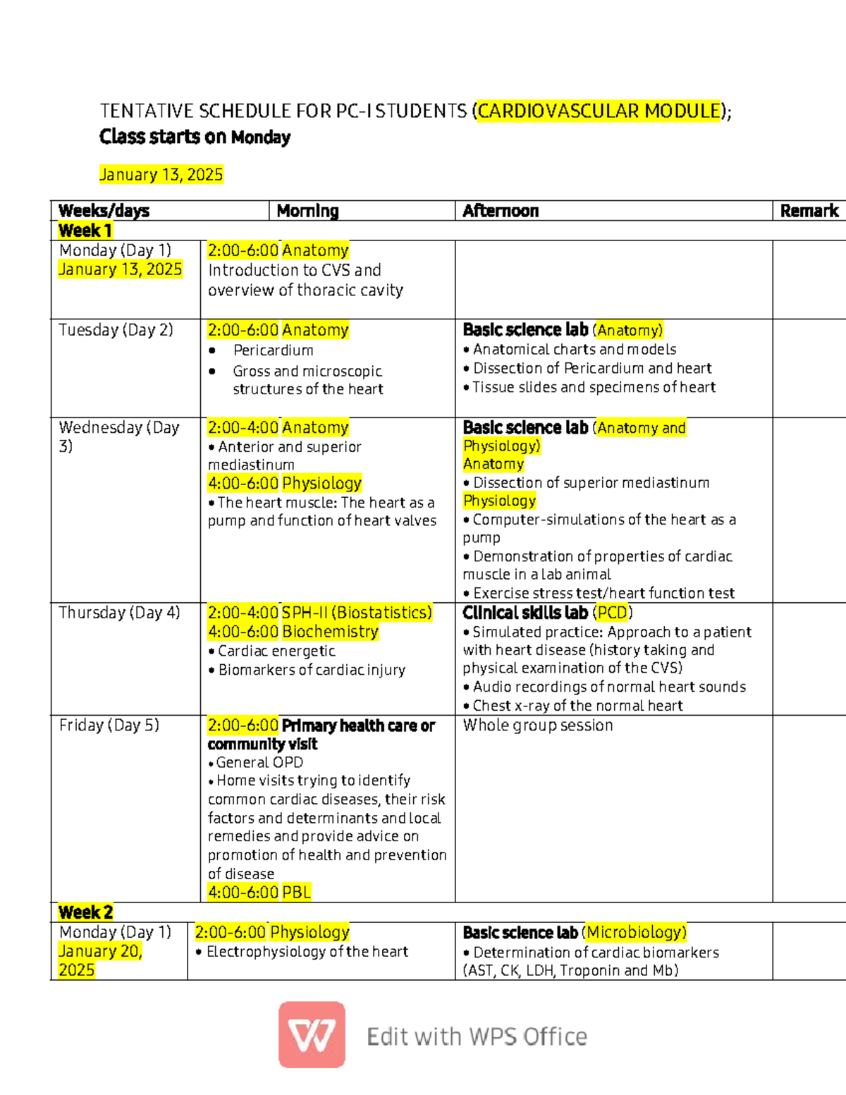 CVS Module Schedule PC-1: Tentative Class Schedule (2025) - Studocu