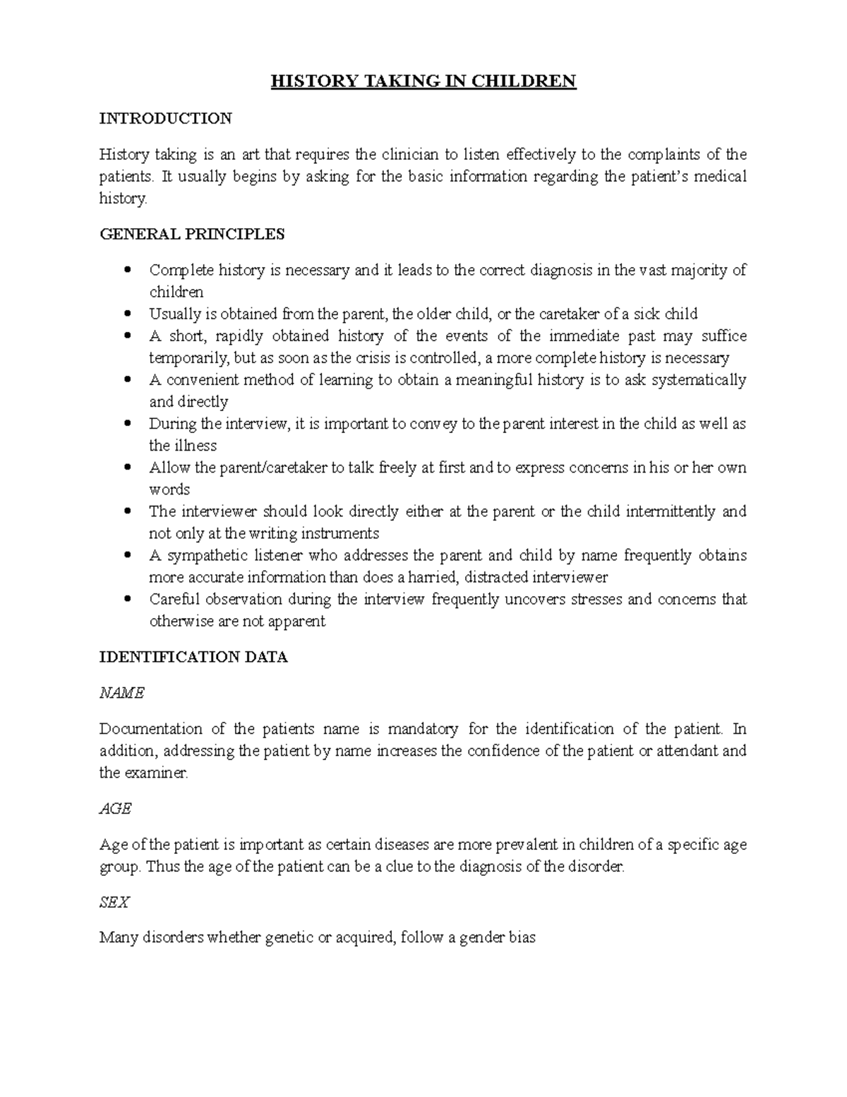 History Taking in Children: Guidelines for Effective Assessment - Studocu