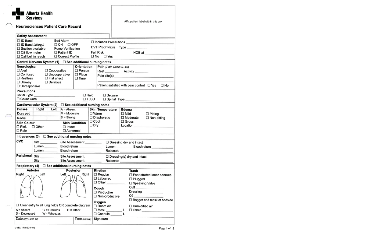 U of A Neurosciences Patient Care Record: Comprehensive Assessment ...