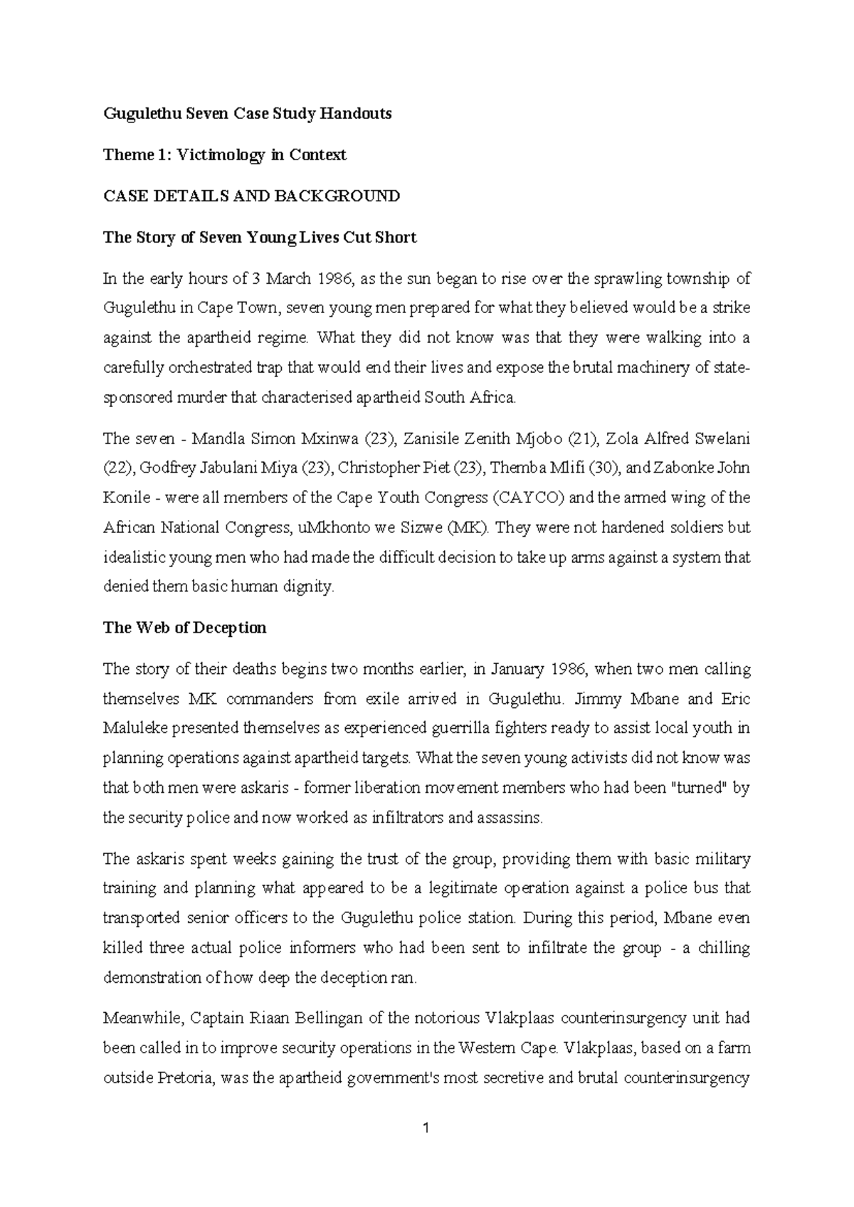 Gugulethu Seven Case Study Handouts: Victimology in Context (Theme 1 ...