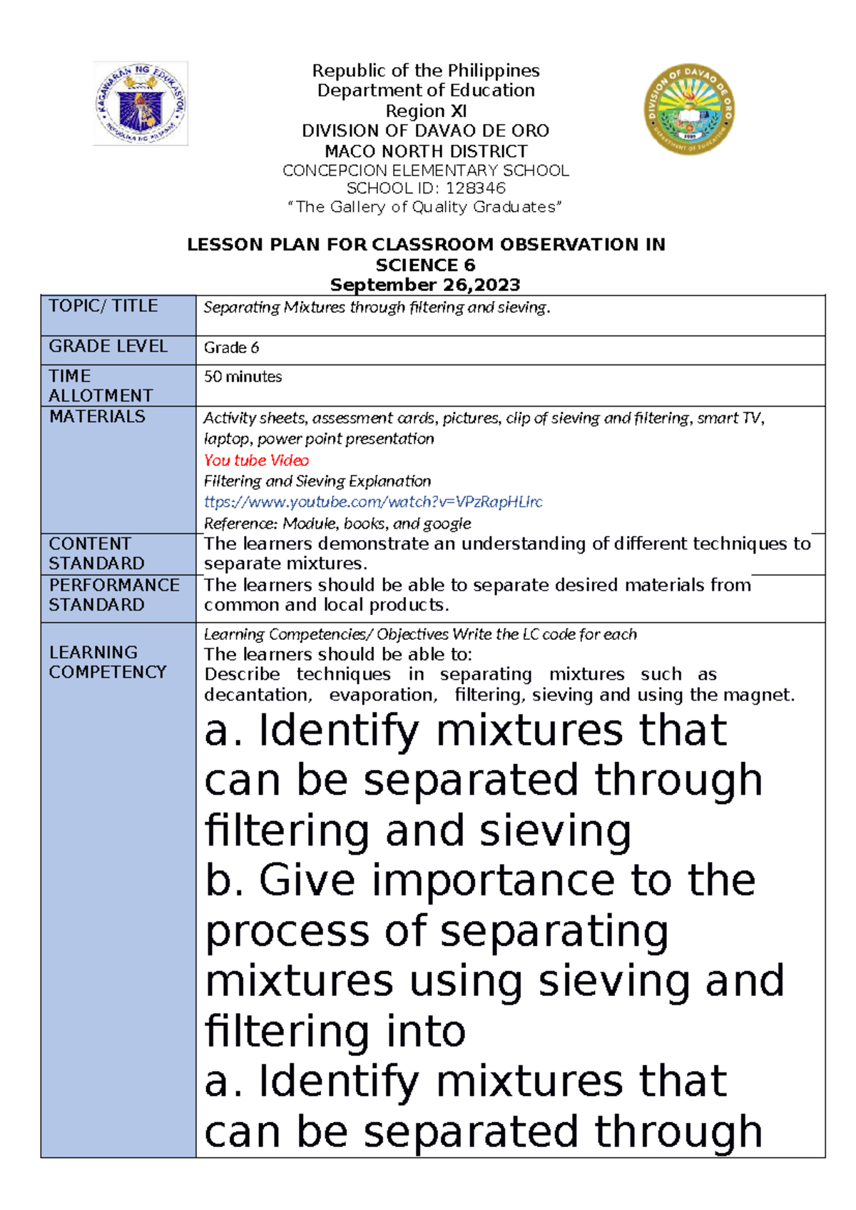Separating Mixtures through filtering and sieving. - GRADE LEVEL Grade ...