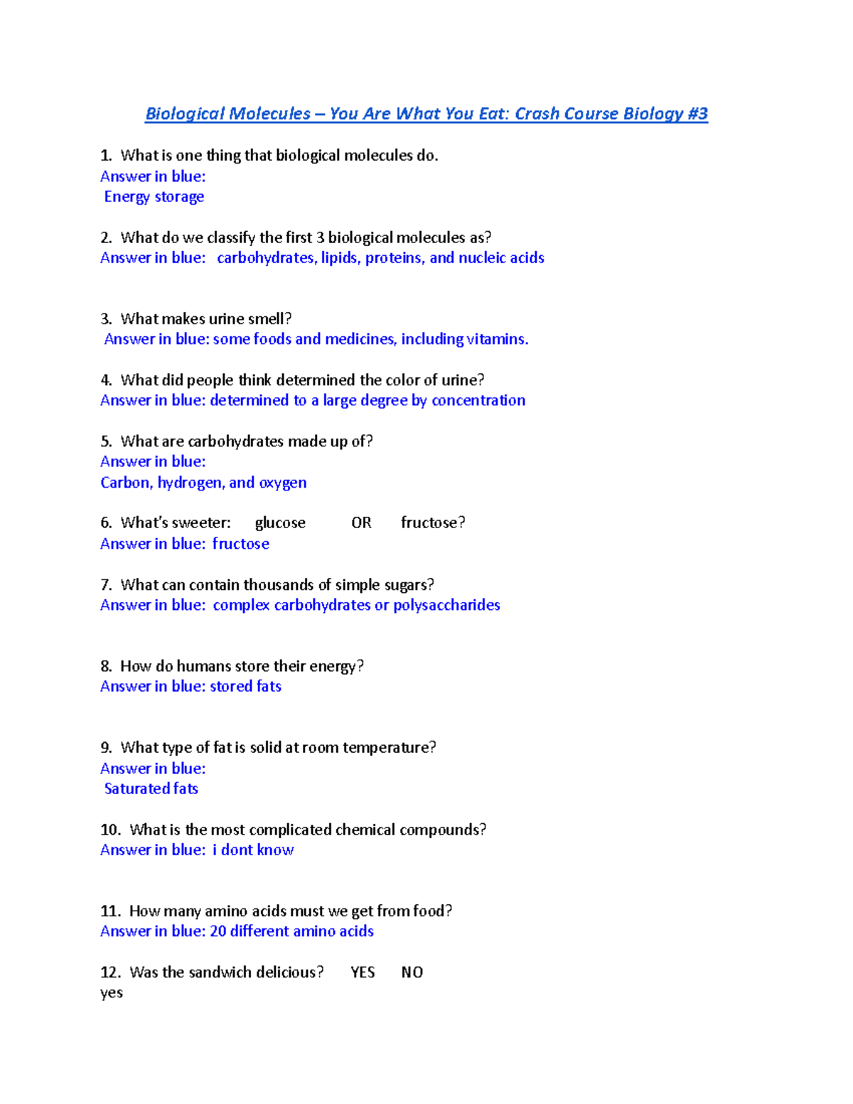 Biological Molecules: You Are What You Eat - CC Bio3 Final Exam Notes ...
