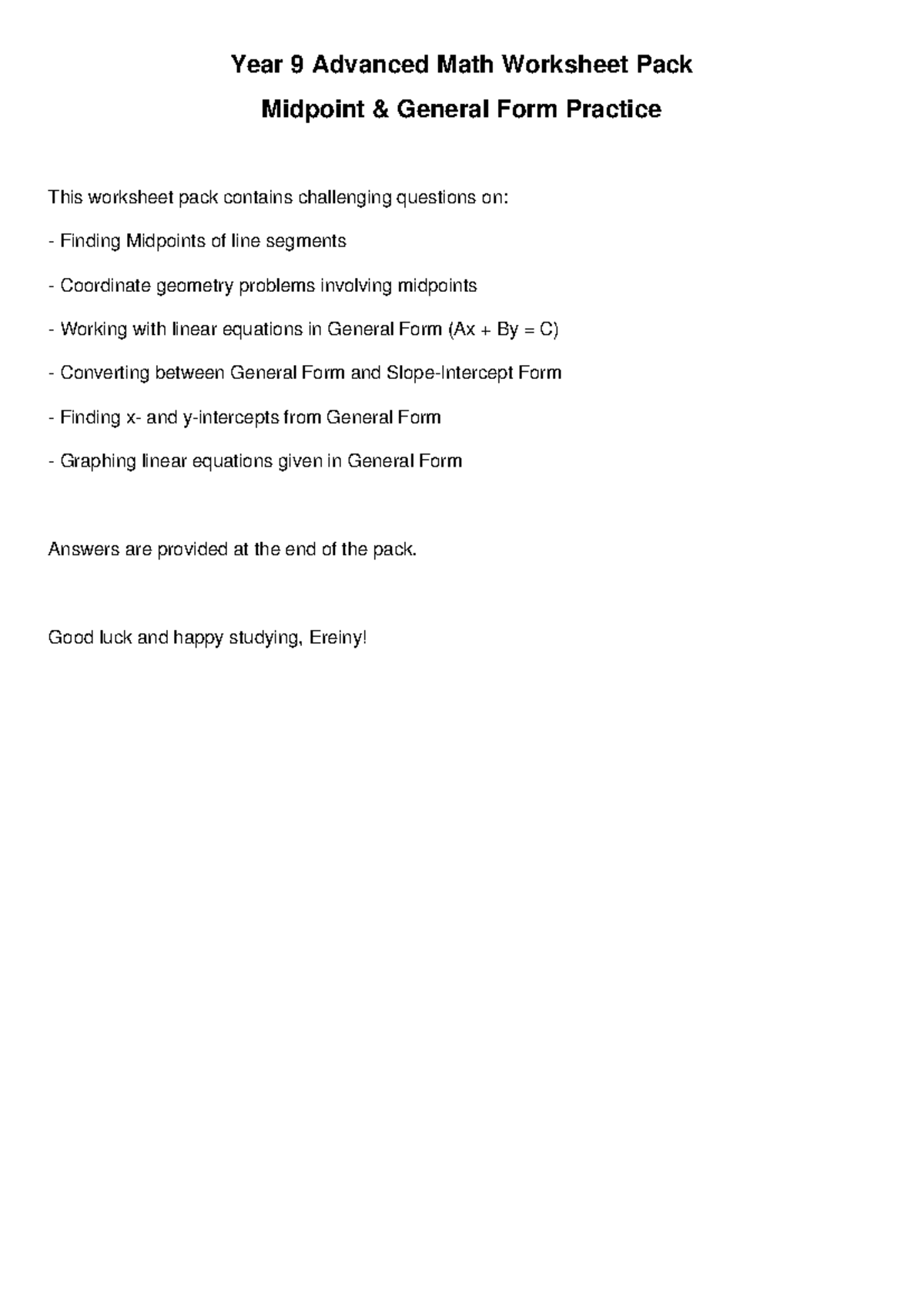 Year 9 Advanced Math Midpoint & General Form Worksheet Pack - Studocu