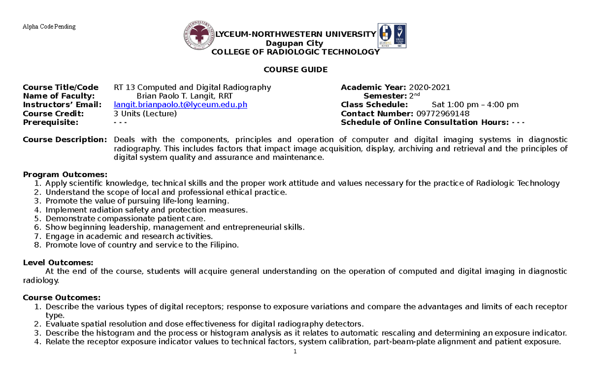 Course Guide (Computed and Digital Radiography) - LYCEUM-NORTHWESTERN ...
