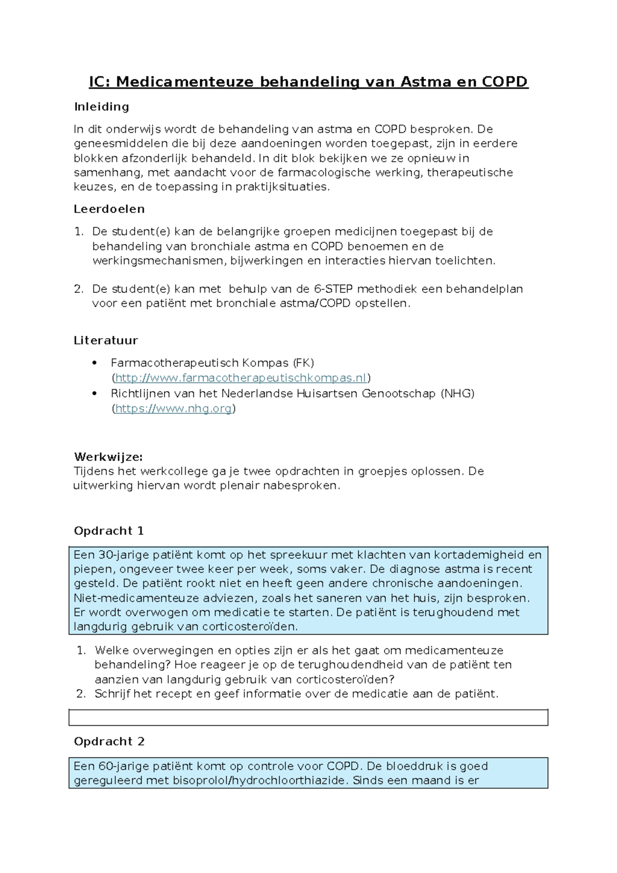 IC: Medicamenteuze Behandeling van Astma en COPD - 2025-2026 - Studeersnel