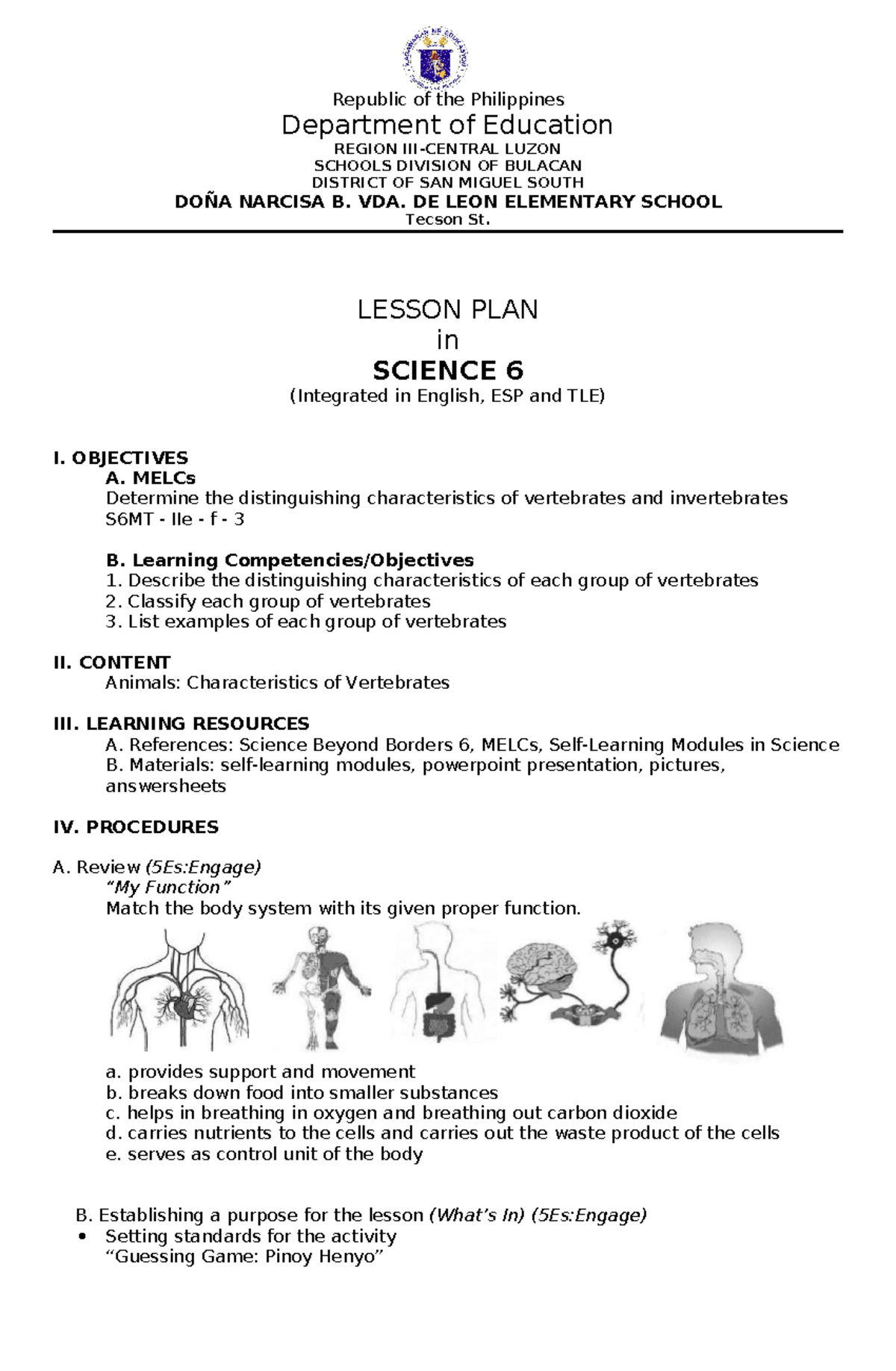 Science 6 Lesson Plan: Understanding Vertebrates Using 5Es - Studocu