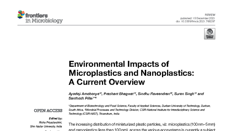 Environmental Impacts of Microplastics & Nanoplastics: A Review - Studocu