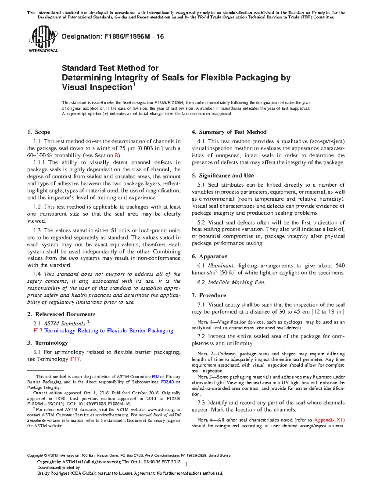 Standard Test Method for Flexible Packaging Seal Integrity - F1886 ...
