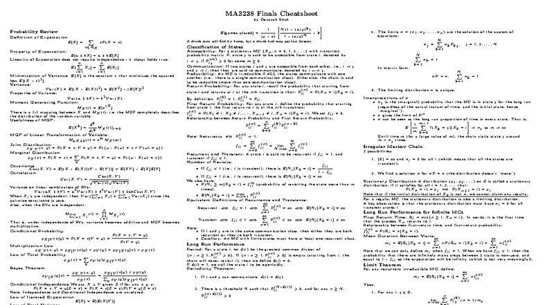 MA3238 Final Exam Probability Review Cheatsheet - Studocu
