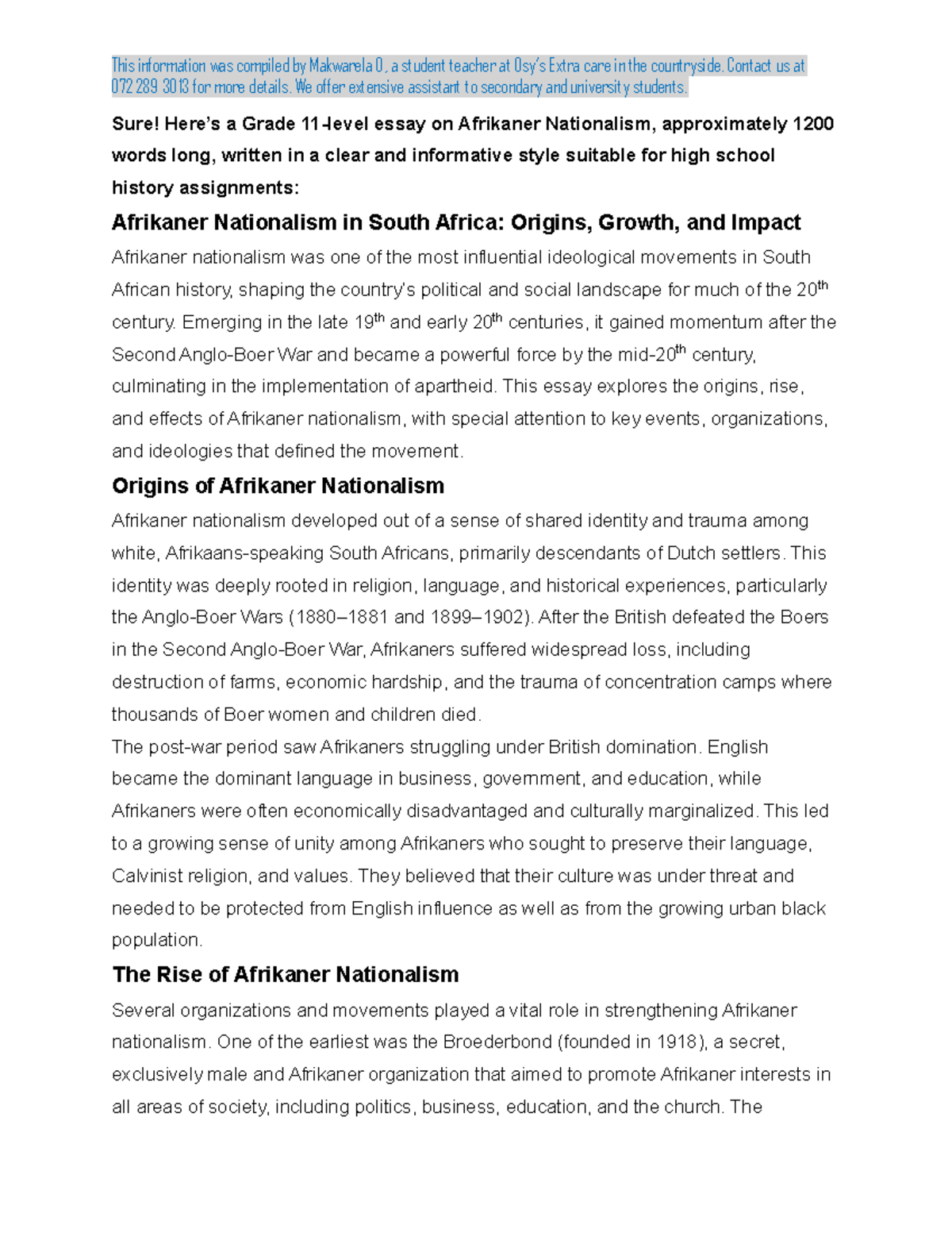 Afrikaner nationalism: Origins, growth, and impact - Essay notes - Studocu