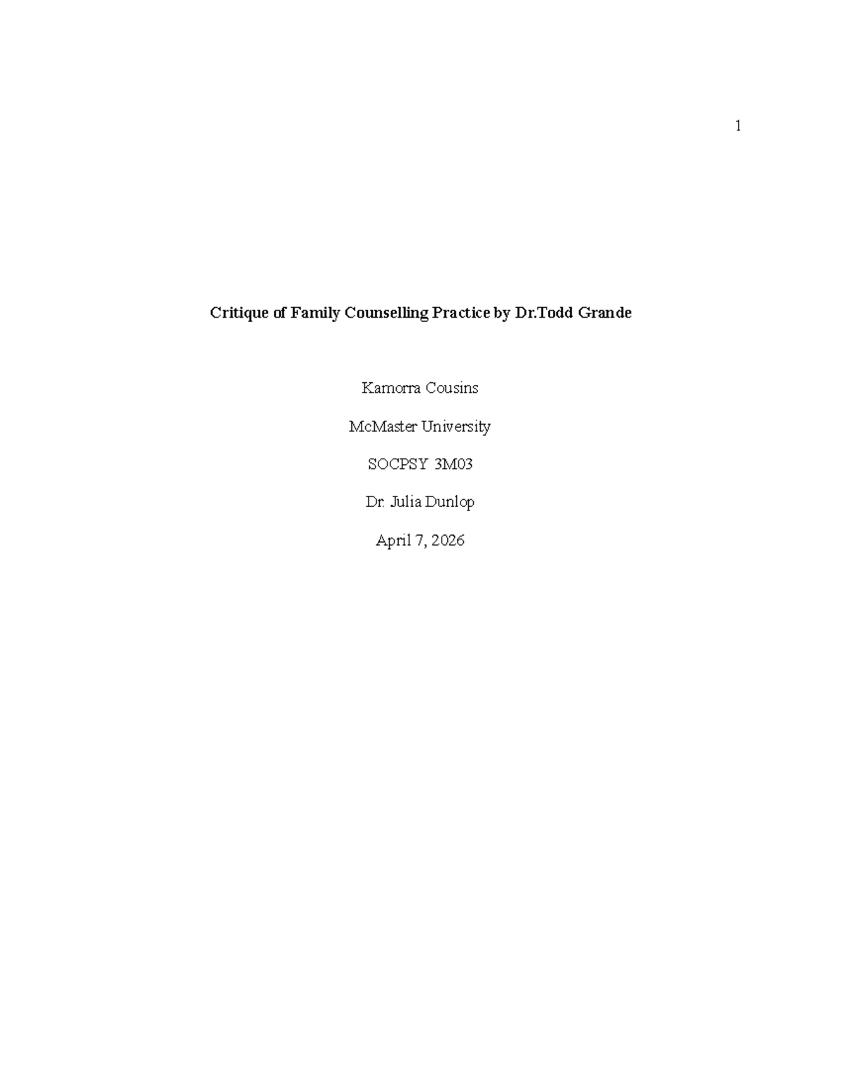 Critique of Family Counselling Practice - SOCPSY 3M03 - Studocu