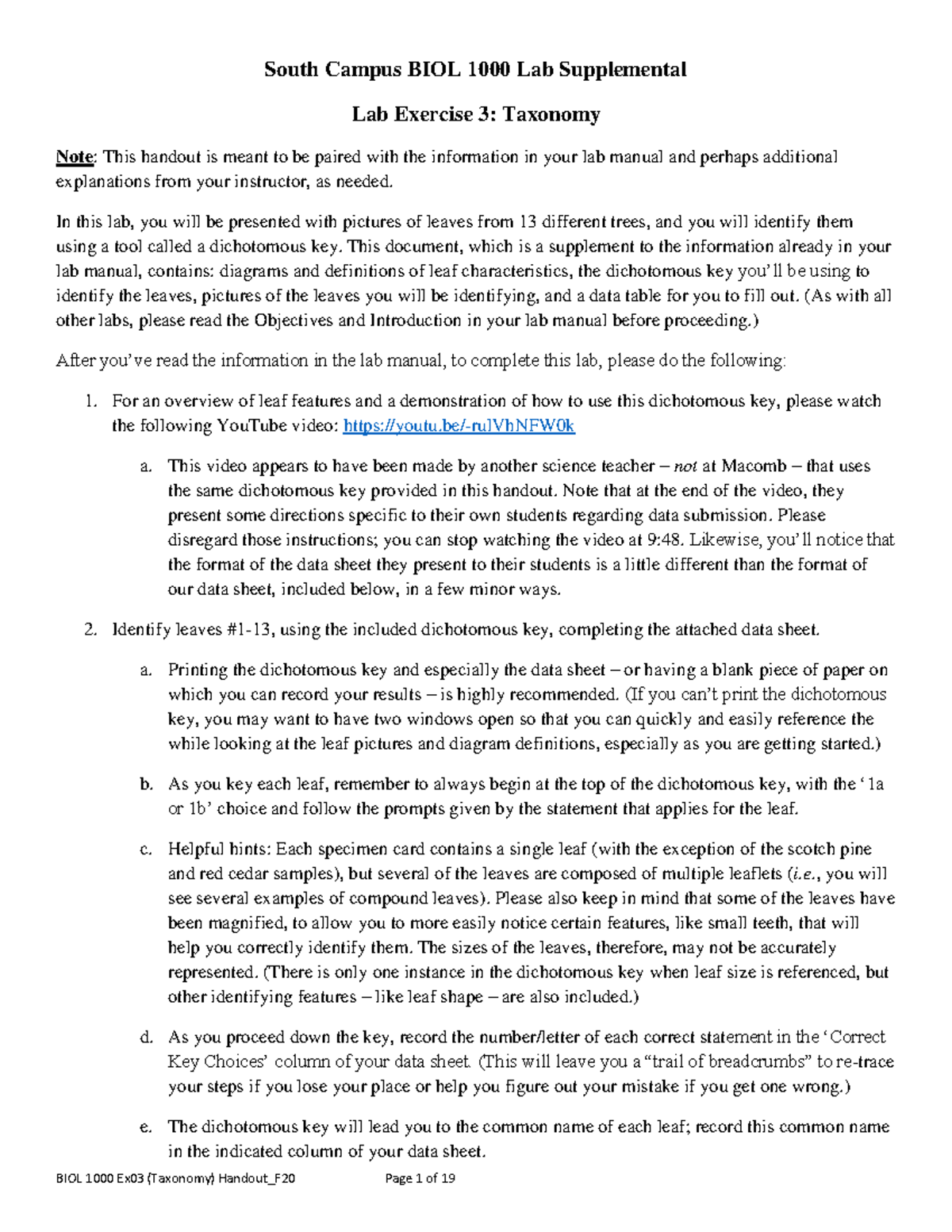 BIOL 1000 Ex03 (Taxonomy) Handout F20 - South Campus BIOL 1000 Lab ...