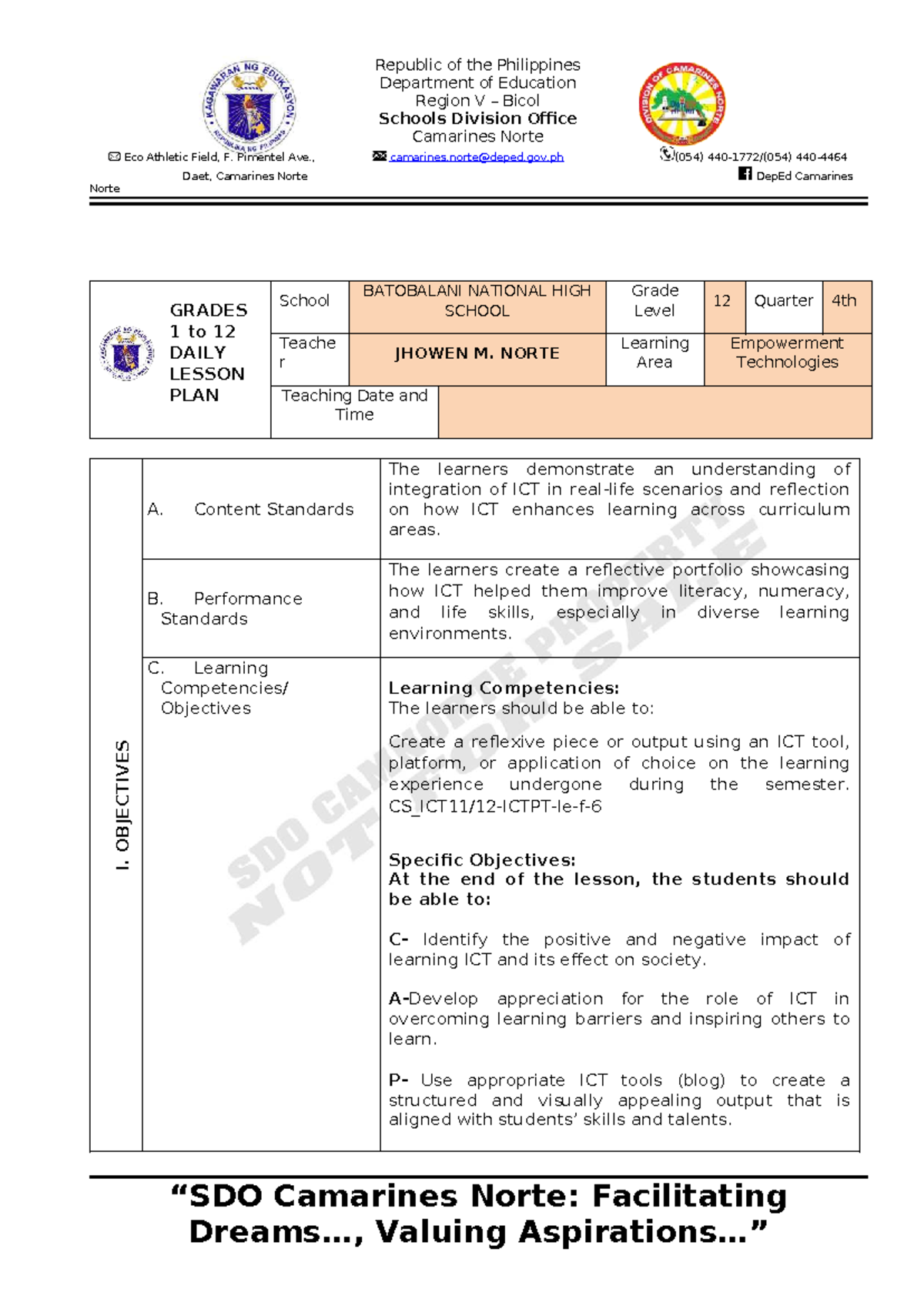 Empowerment Tech Lesson Plan: Reflecting on ICT Learning (Grade 12 ...