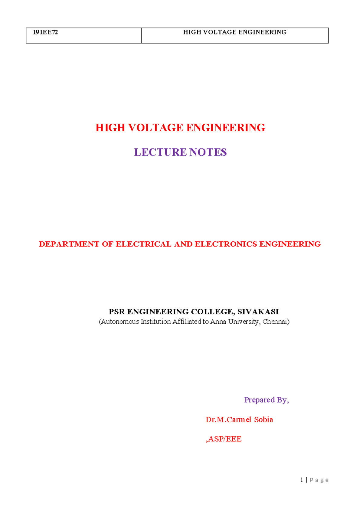 191EE72 HIGH VOLTAGE ENGINEERING LECTURE NOTES - PSR ENGINEERING ...