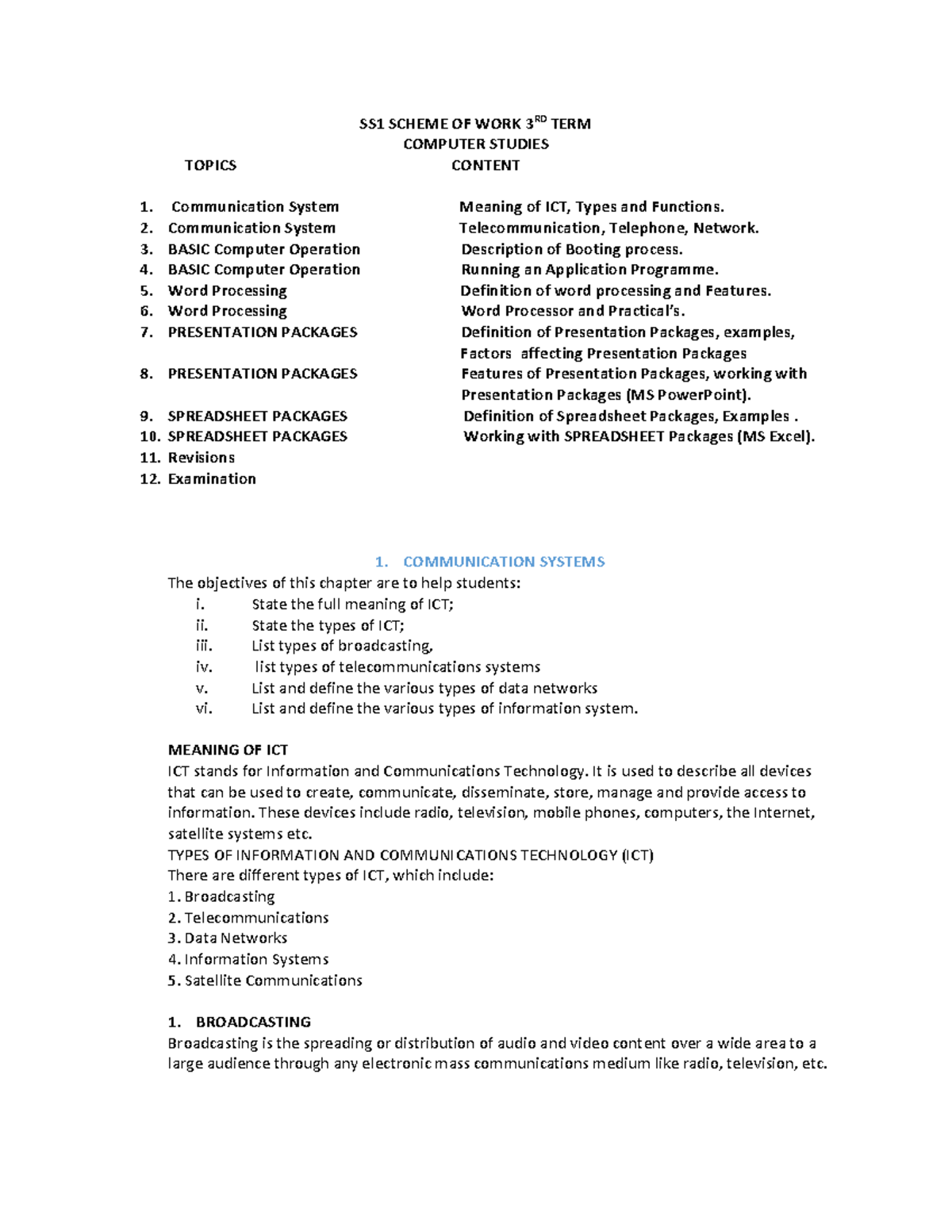 Computer Studies SS1 3rd Term Lesson Notes on ICT and Applications ...