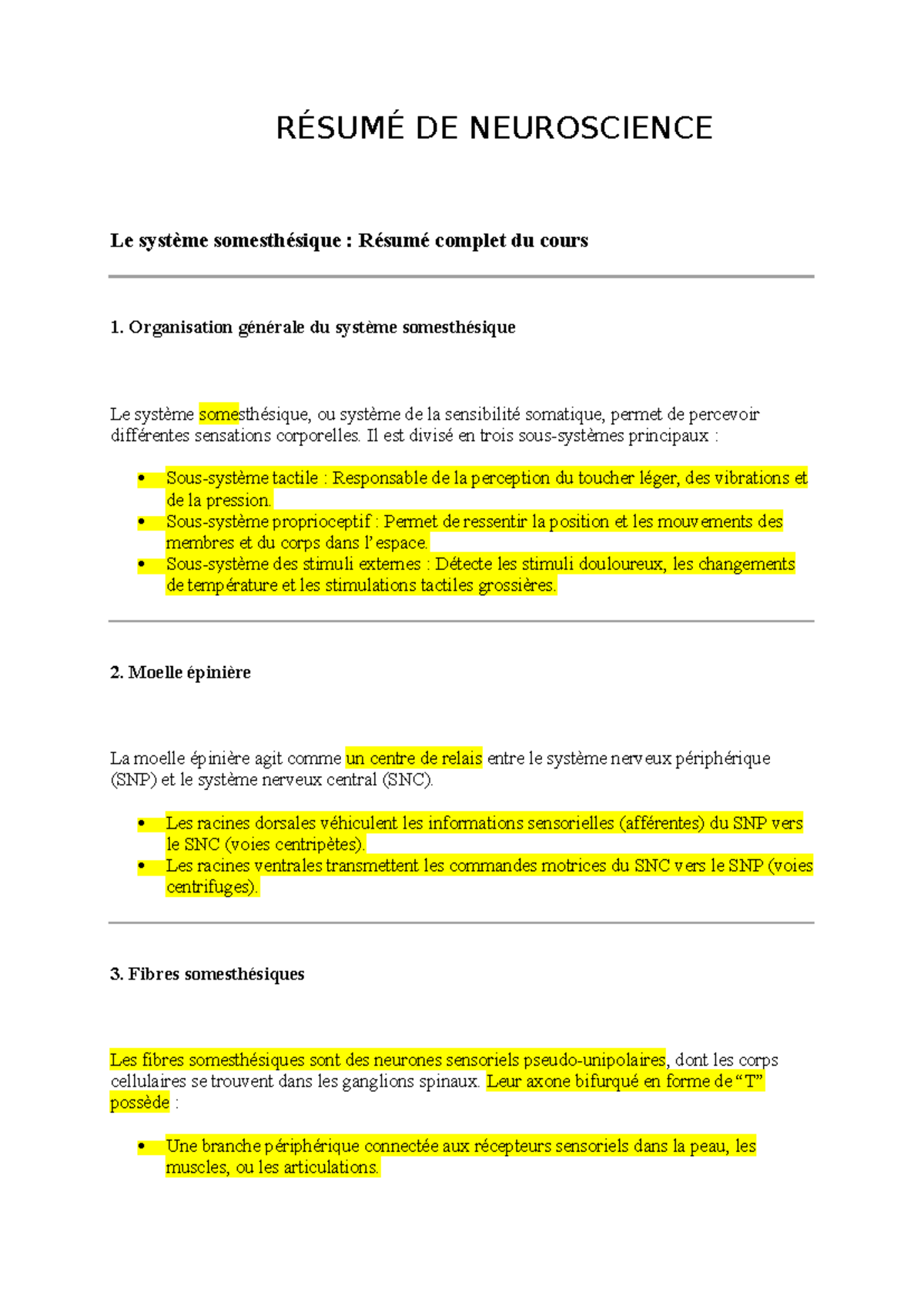Résumé de Neurosciences : Système Somesthésique et Mécanorécepteurs ...