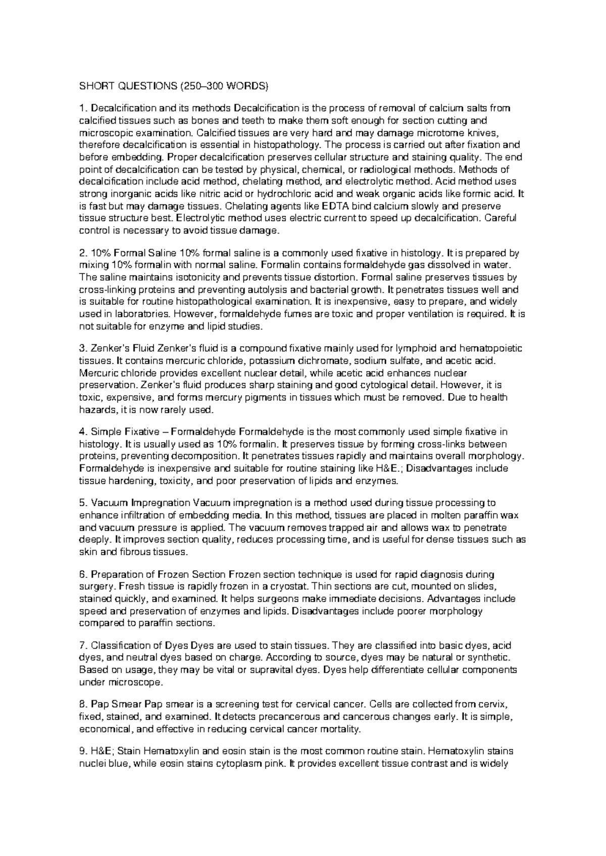 Short Questions on Histopathology Techniques (BIO 250) - Studocu