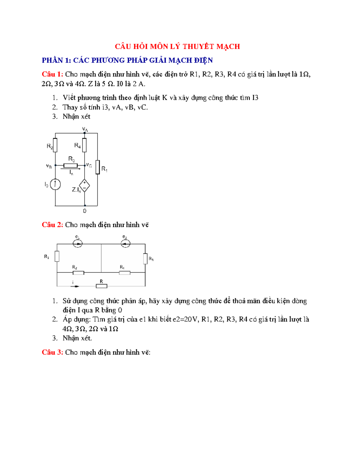 CÂU HỎI MÔN LÝ THUYẾT MẠCH 2025: PHẦN 1 VÀ PHẦN 2 - Studocu