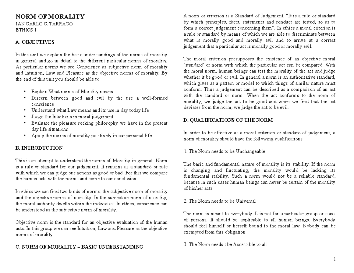 ETHICS 1: Norms of Morality and Their Significance - Studocu