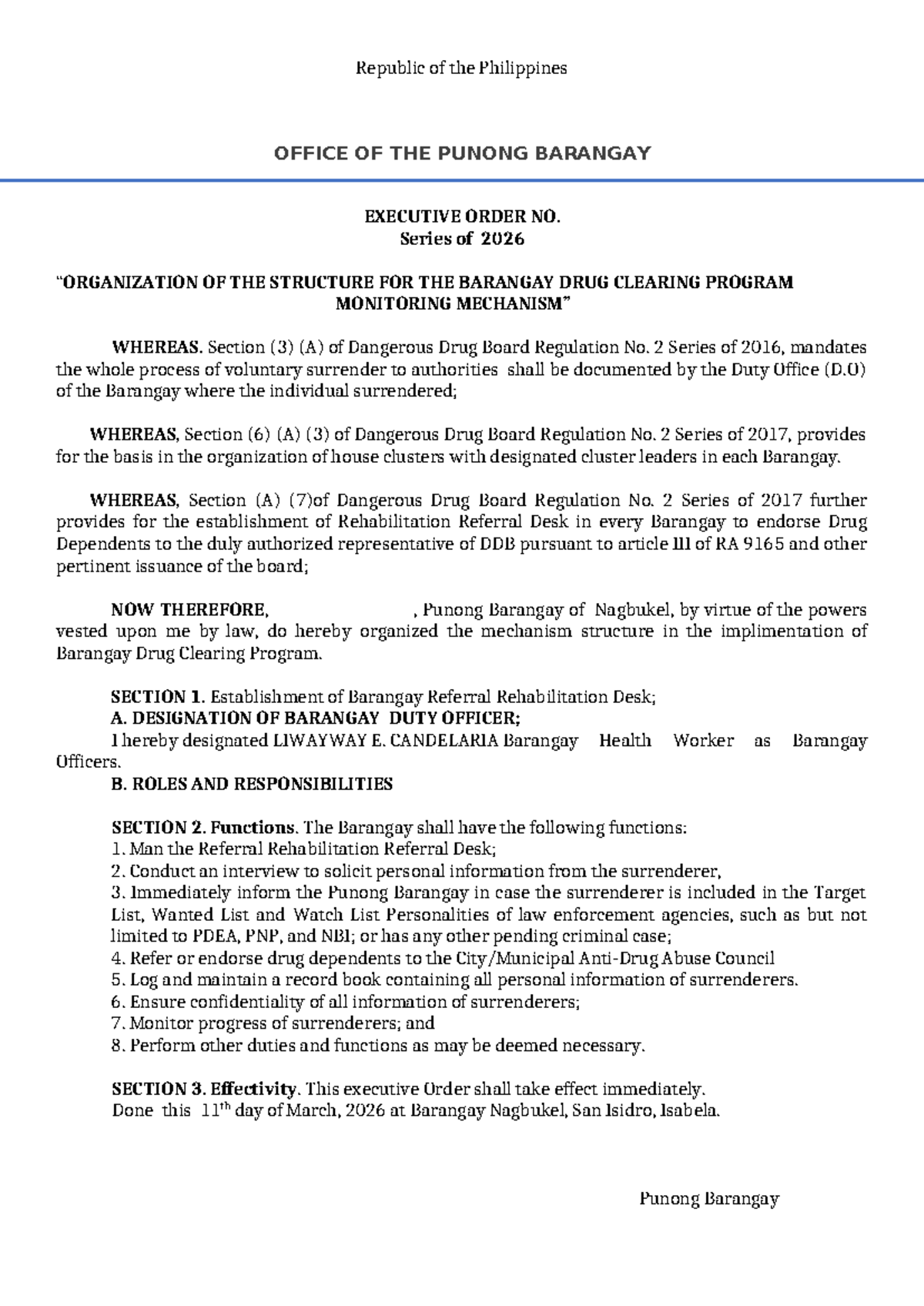 Executive Order No. 2026: Barangay Drug Clearing Program Structure ...
