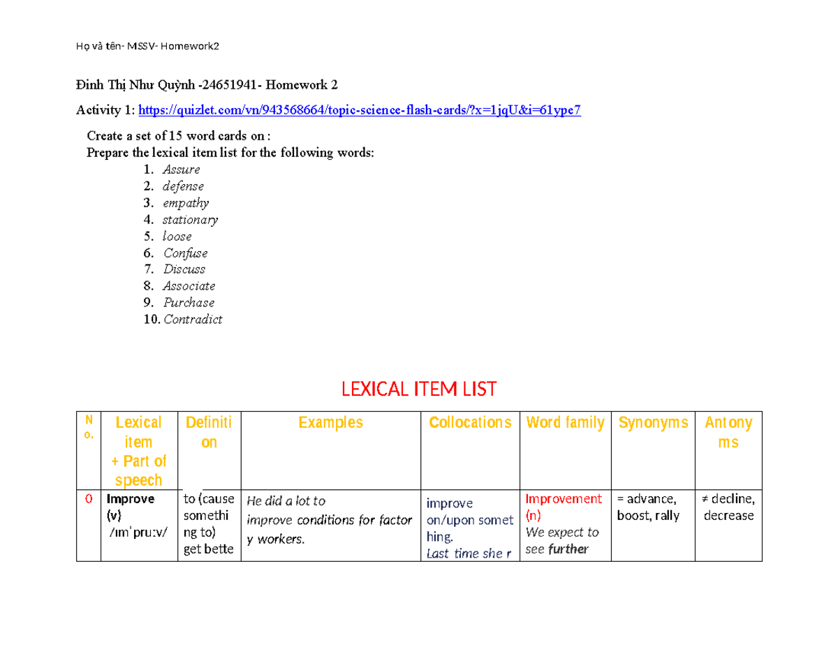 Homework 2: Vocabulary Lexical Item List and Definitions - Studocu