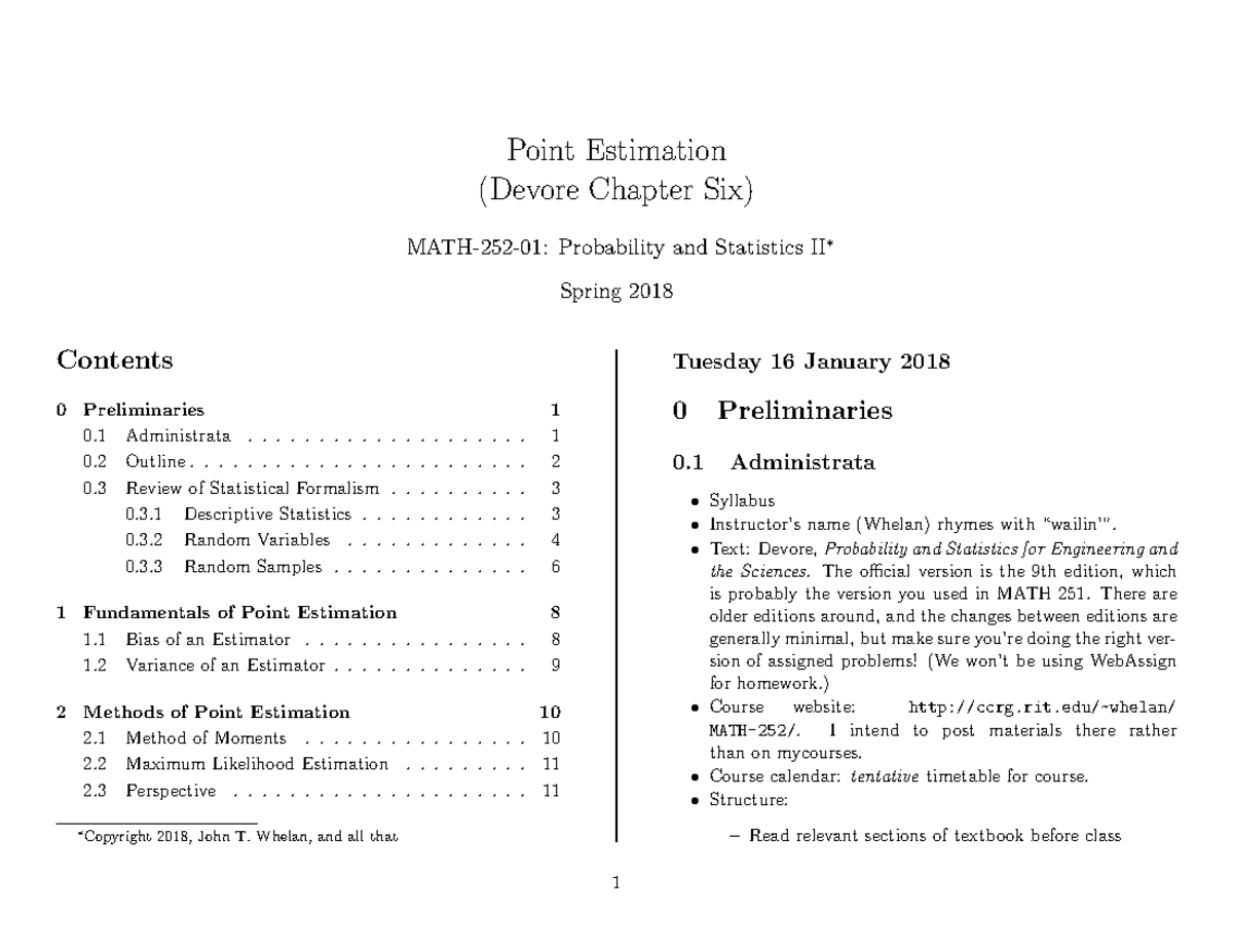 MATH-252-01: Point Estimation Lecture Notes from Devore Chapter 6 - Studocu