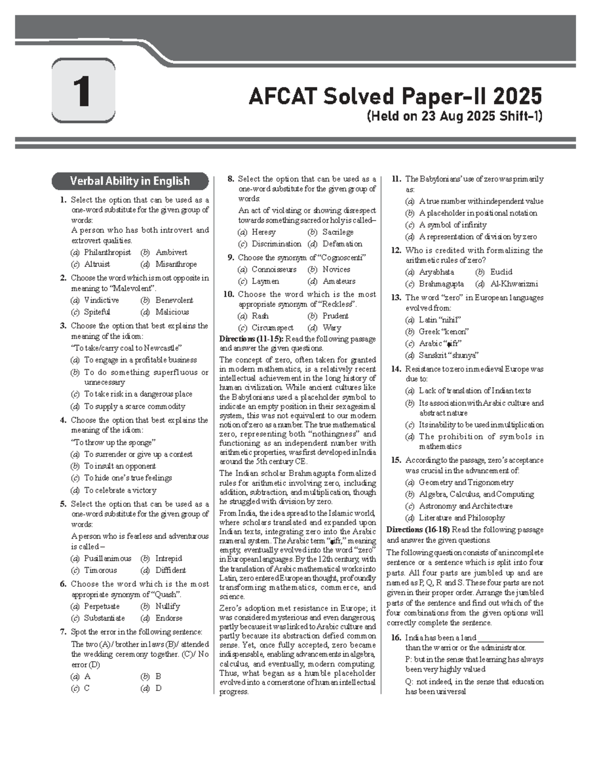 AFCAT Solved Paper-II 2025: Verbal Ability and General Awareness - Studocu