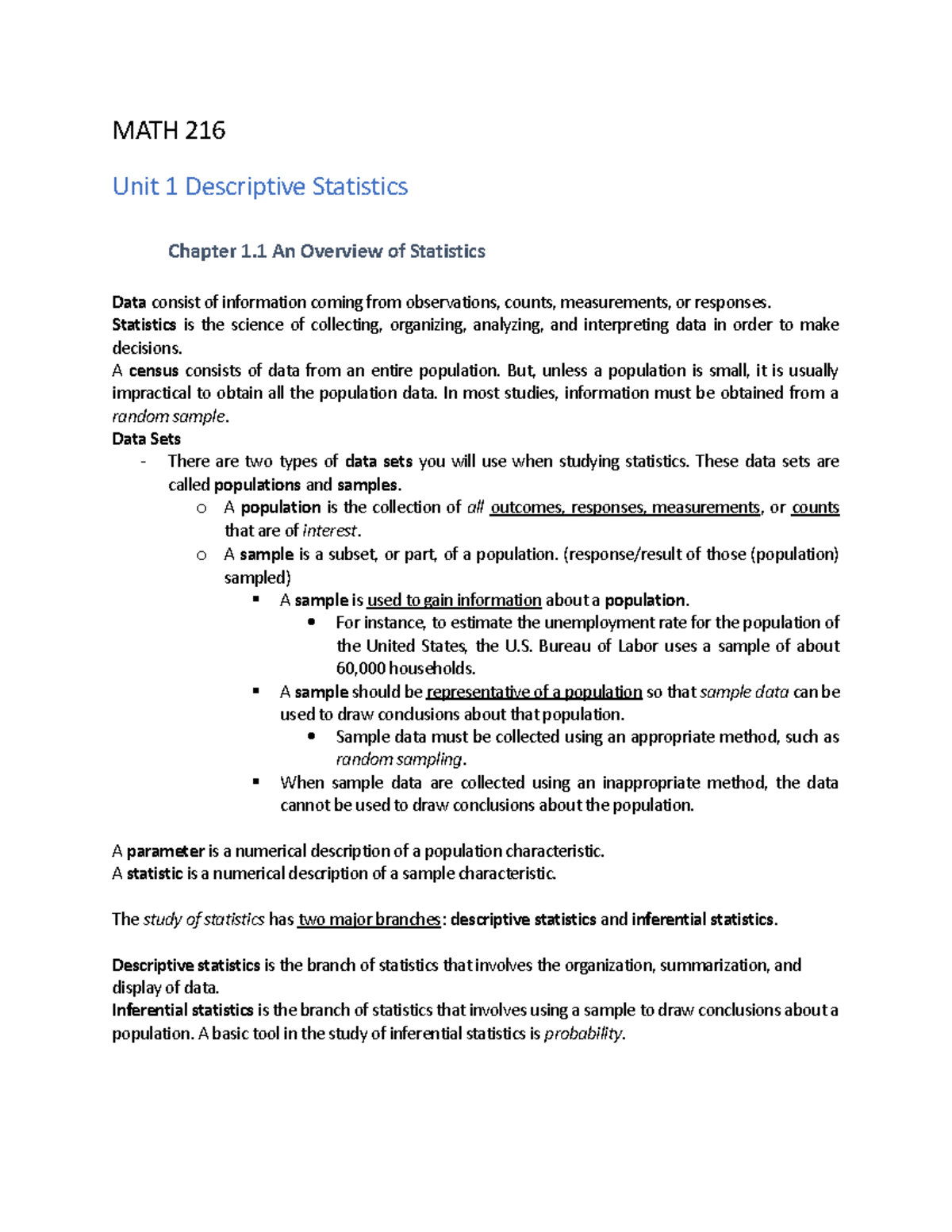 MATH 216 - Descriptive Statistics Unit 1 Study Notes - Studocu
