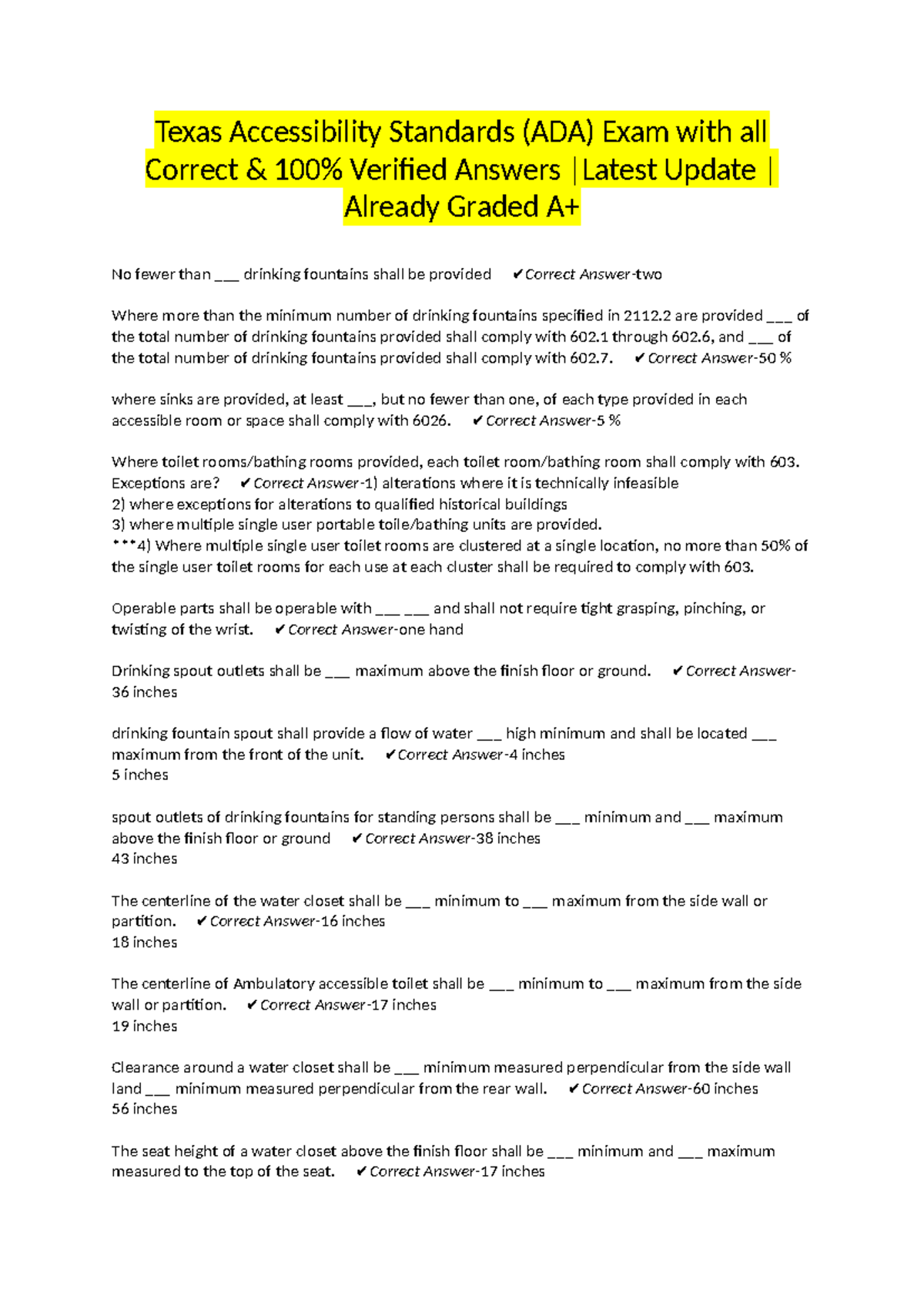 Texas Accessibility Standards (ADA) Exam: 100% Verified Answers Update ...