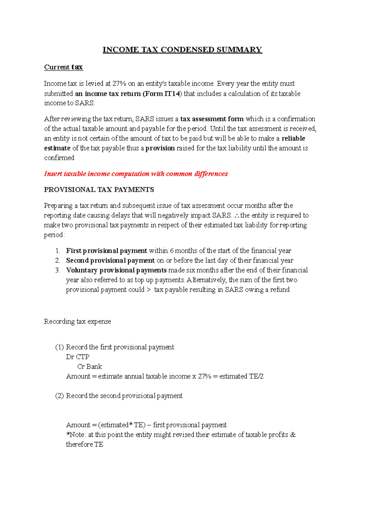 INCOME TAX SUMMARY & PROVISIONAL PAYMENTS GUIDE - Studocu