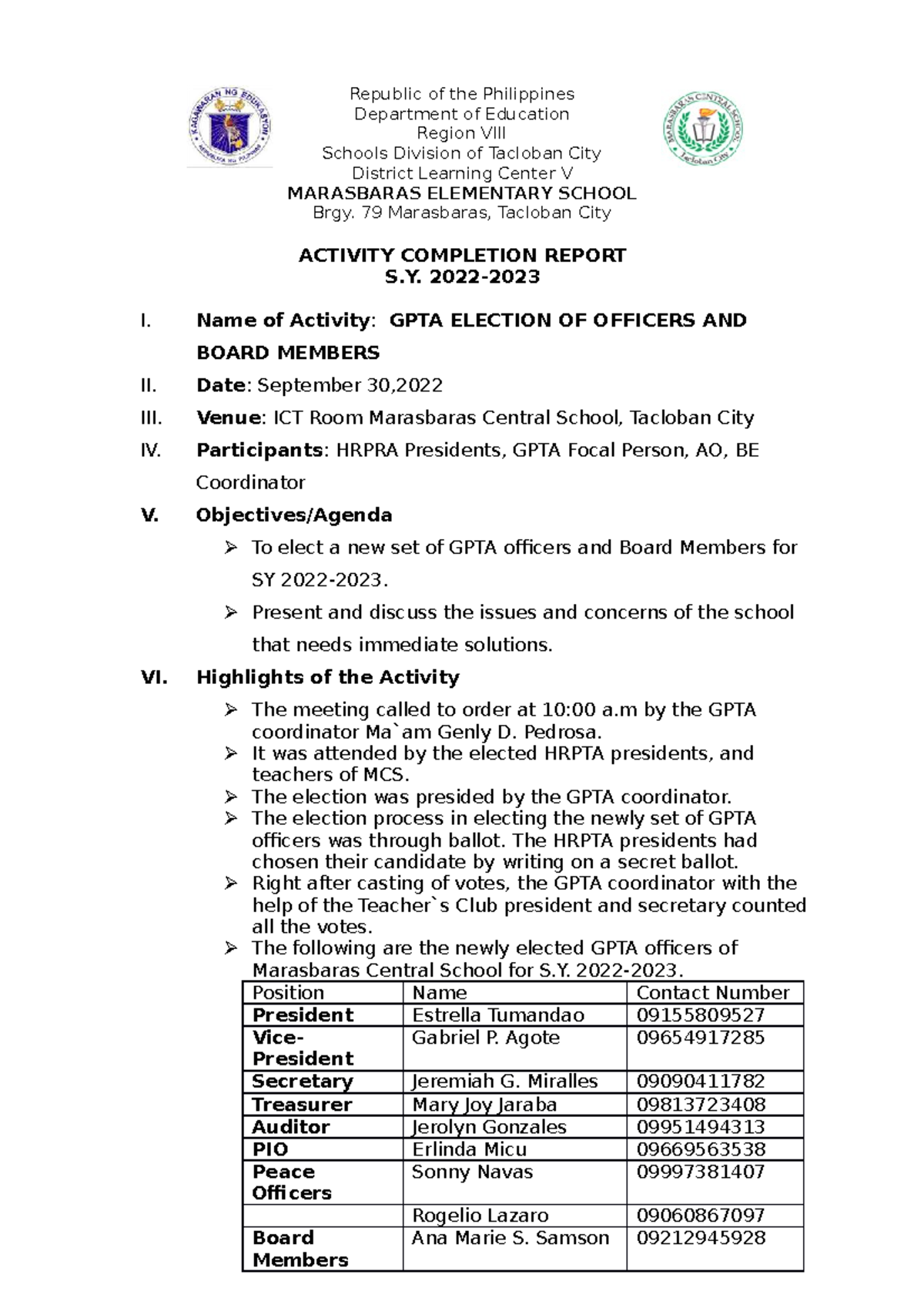 ACR-GPTA - Activity Completion Report for Officer Elections - Studocu