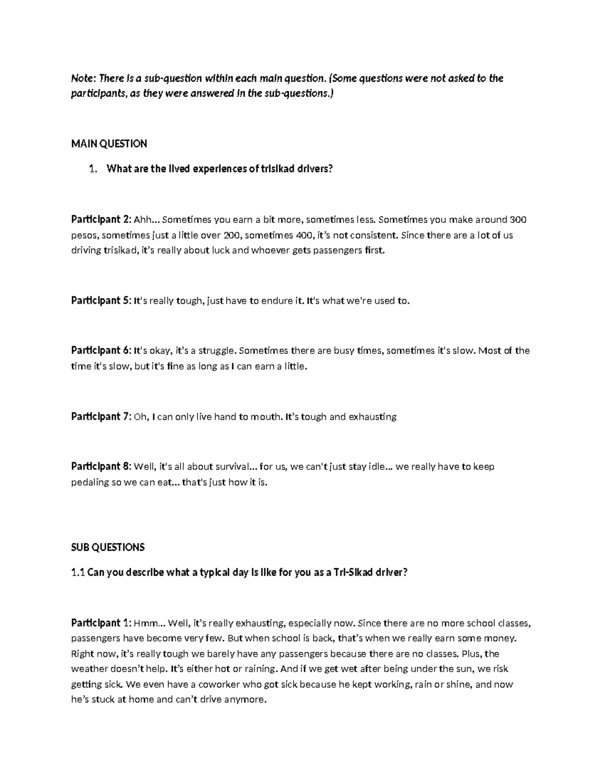 Trisikad Drivers' Lived Experiences: Insights and Challenges (SOC 101 ...