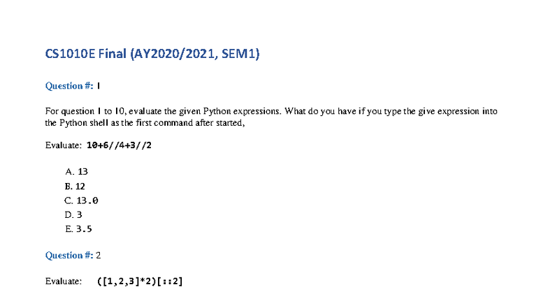 CS1010E Final Exam SEM1: Python Expressions & Output Evaluation - Studocu