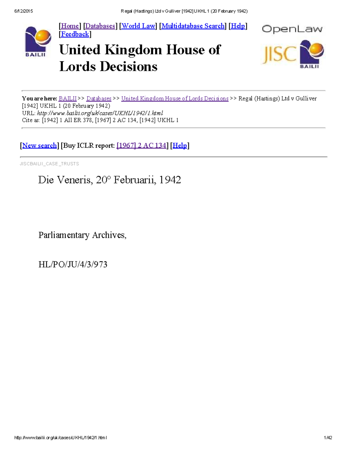 Regal (Hastings) Ltd v Gulliver UKHL 1: House of Lords Decision ...